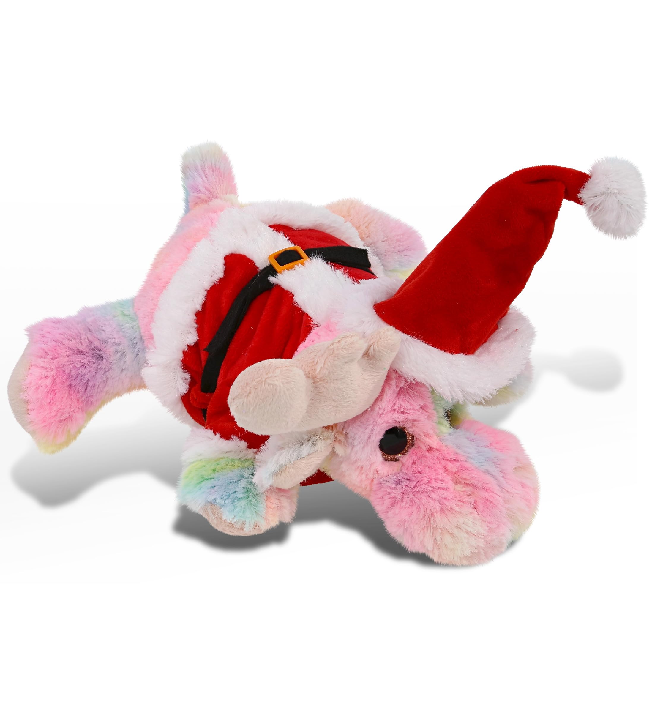 DolliBu Santa Rainbow Lying Moose Stuffed Animal Plush Toy - Super Soft Dress Up with Red Santa Claus Outfit, Cute Lying Moose Gift Perfect Holiday with Name Personalization - 9.5 Inch