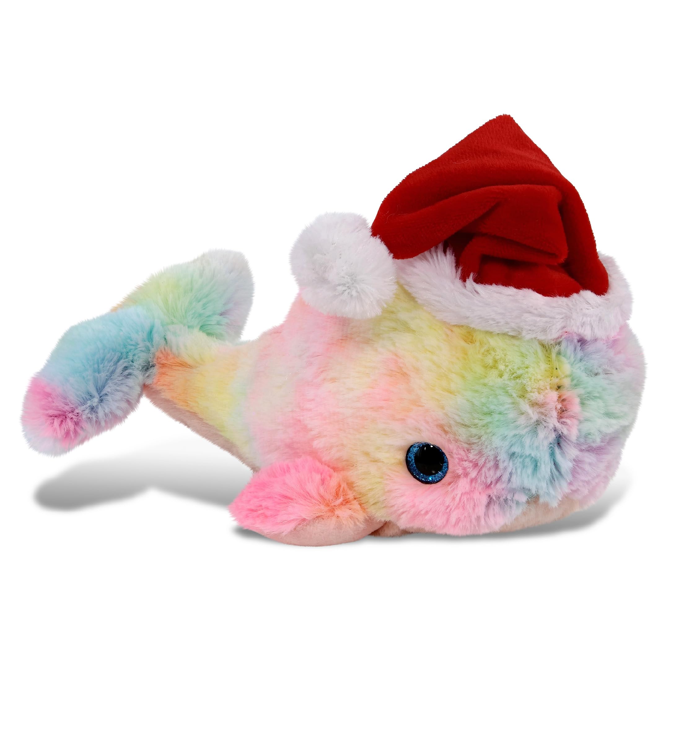 DolliBu Santa Large Rainbow Whale Stuffed Animal Plush Toy - Soft Wild Animal Dress Up with Red Santa Claus Hat, Cute Wildlife Gift, Perfect Holiday with Name Personalization - 9 Inches