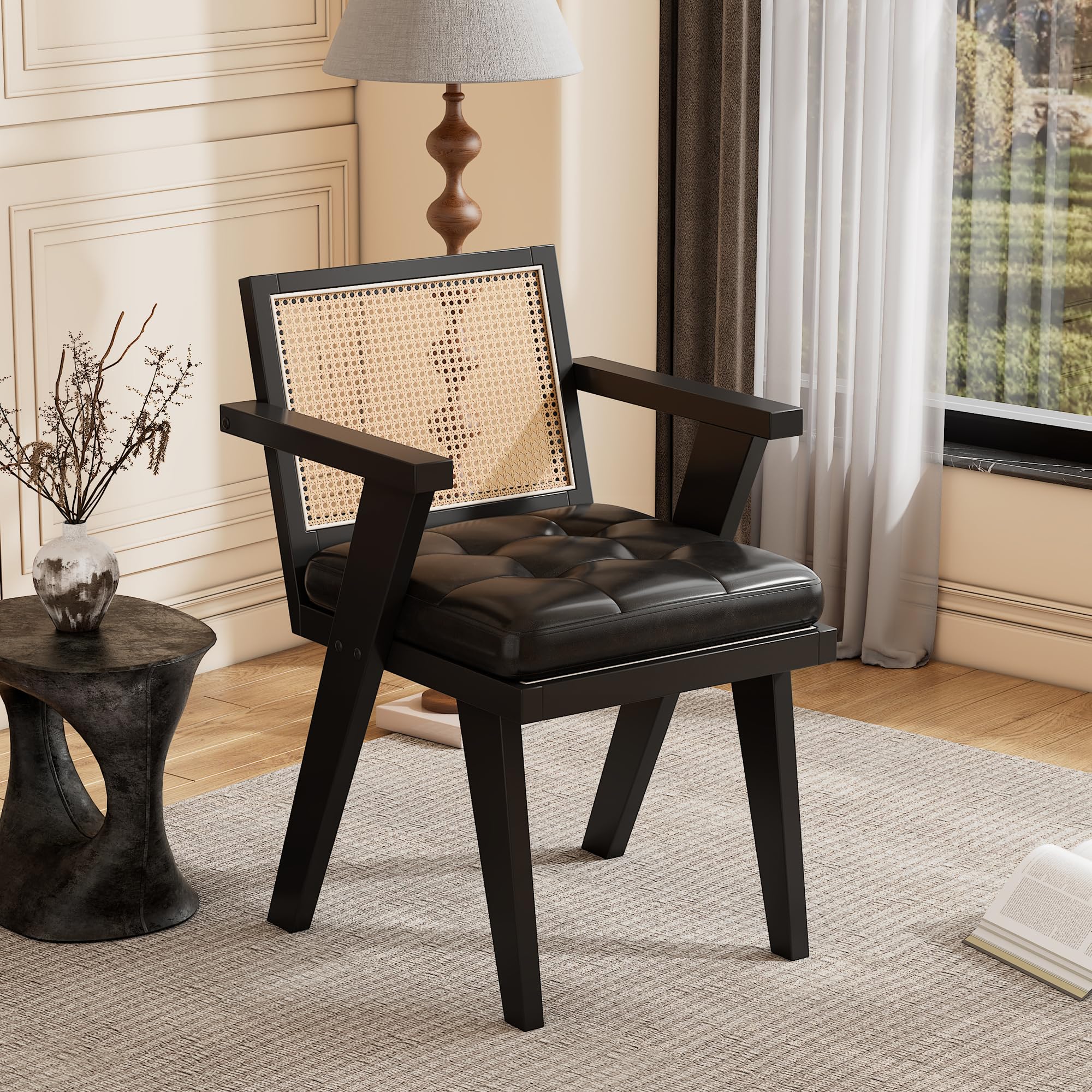 SPOFLYINN Accent Armchair with Thicken Cushion Mid-Century Modern Style Soft Comfortable Breathable Linen Fabric Office Chair Black