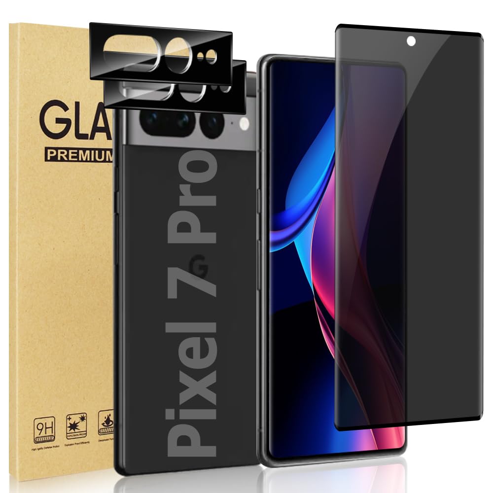 [1+2 Pack] Pixel 7 Pro Privacy Screen Protector with Camera Lens Protector, 3D Full Coverage, 9H Tempered Glass Scratch Resistant, for Google Pixel 7 Pro Screen Protector (6.7 Inch)