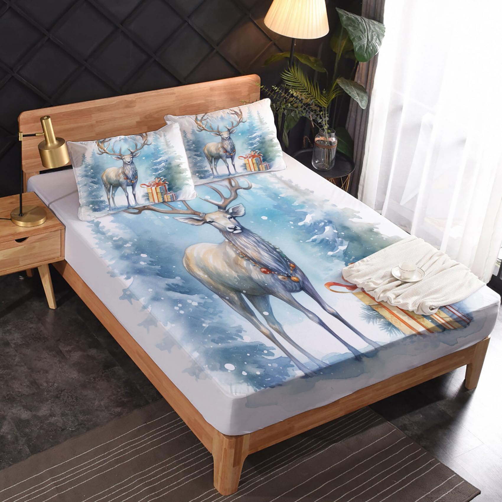 zcwl Christmas Sheets Full Size, Reindeer Bed Sheet Set, Super Soft Microfiber Patterned Bedding Sheet Sets 4 Piece, 16 Inch Deep Pocket Fitted Sheet & Flat Sheet & 2 Pillowcase