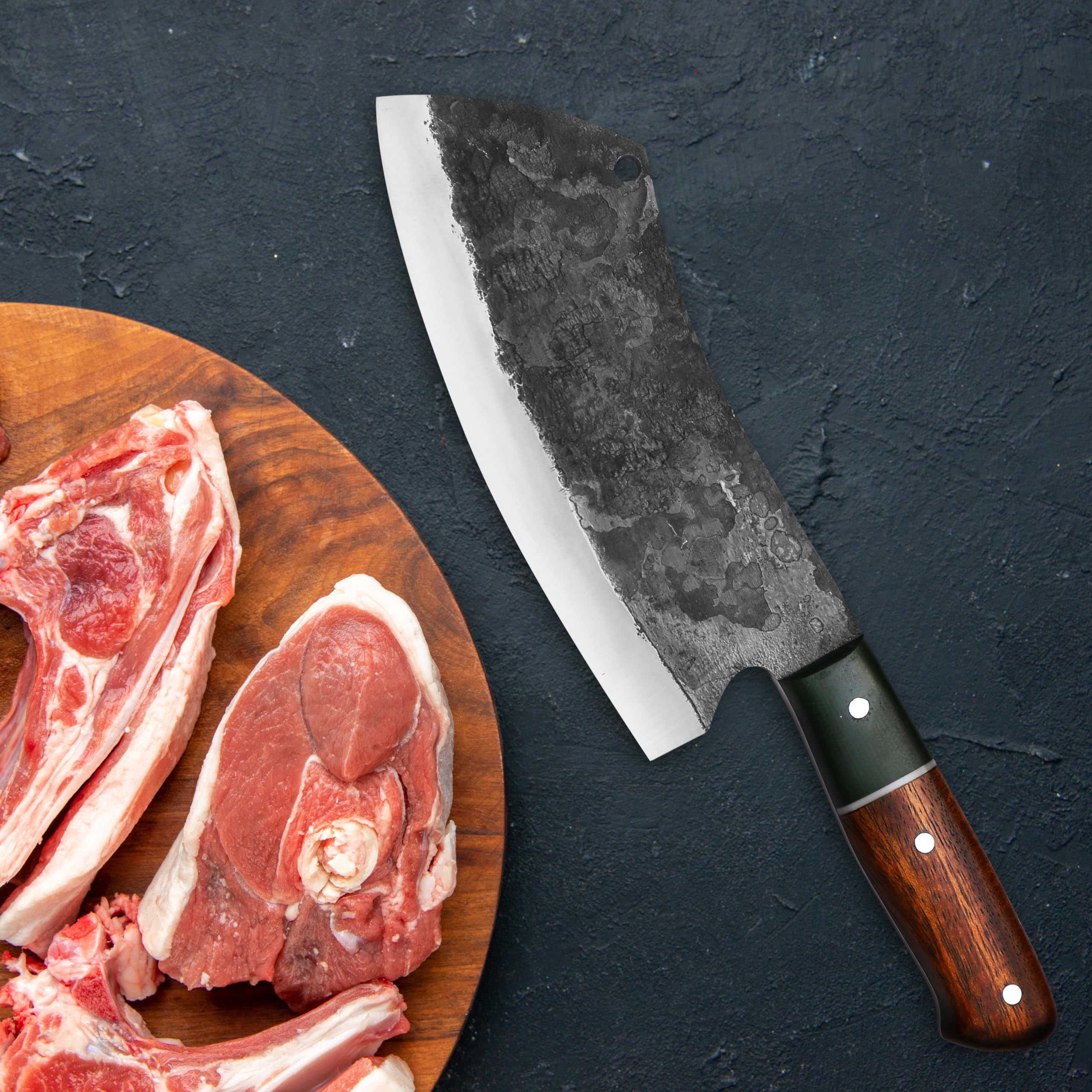 TheMohrim Full Tang Butcher Knife: Premium Meat Cutting Chopper - The Ultimate Chef's Choice for Dicing & Mincing (Rose Wood Micarte Handle)