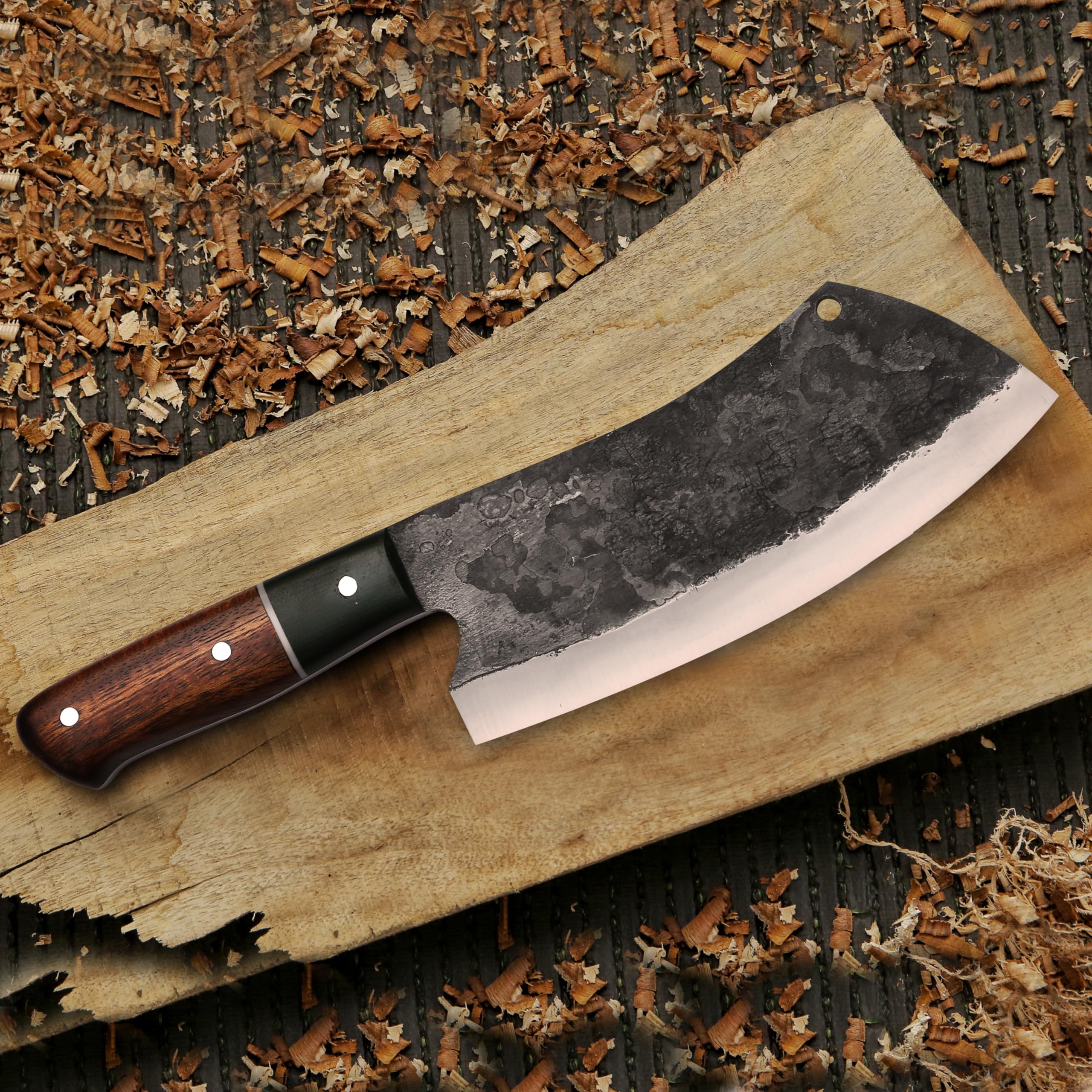 TheMohrim Full Tang Butcher Knife: Premium Meat Cutting Chopper - The Ultimate Chef's Choice for Dicing & Mincing (Rose Wood Micarte Handle)