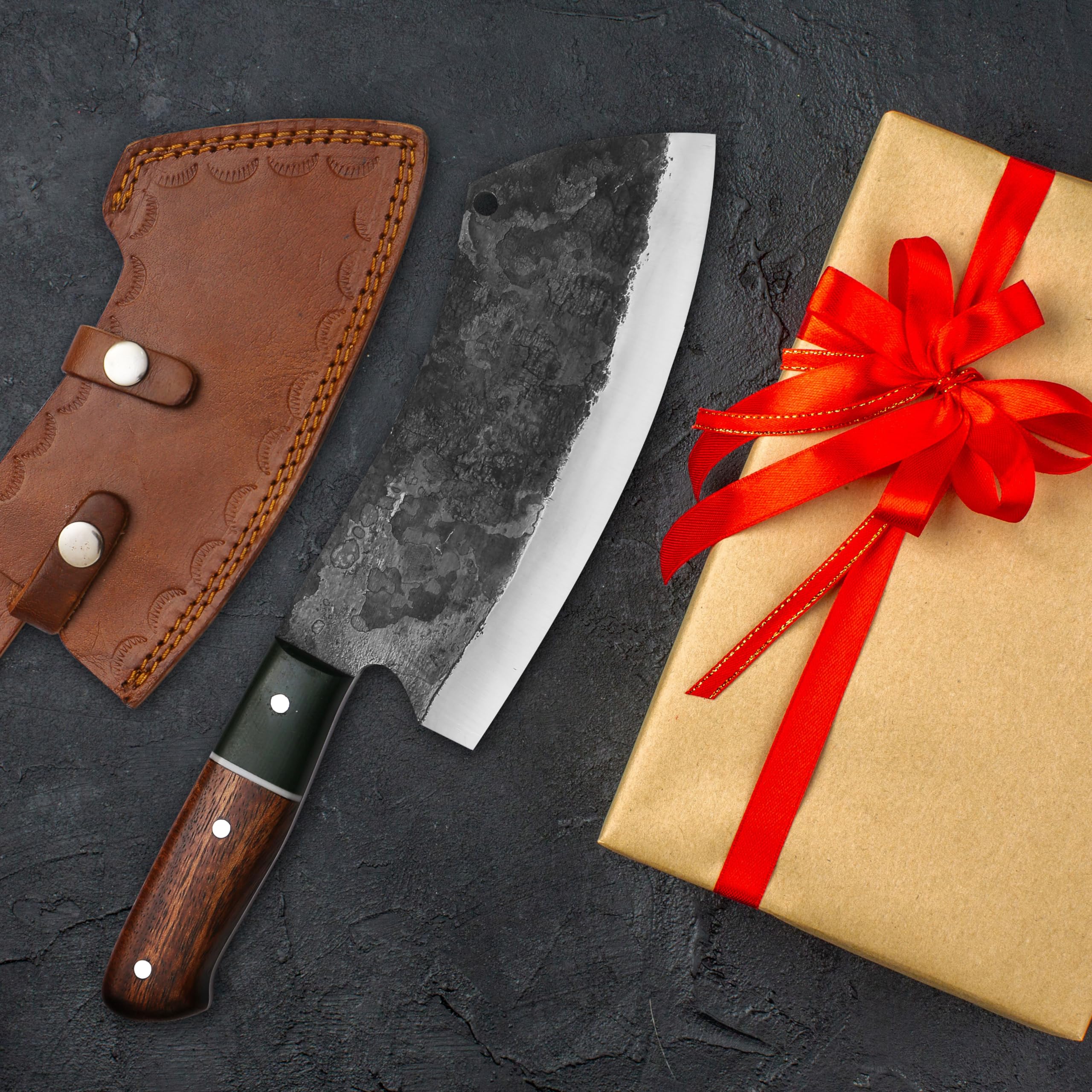 TheMohrim Full Tang Butcher Knife: Premium Meat Cutting Chopper - The Ultimate Chef's Choice for Dicing & Mincing (Rose Wood Micarte Handle)
