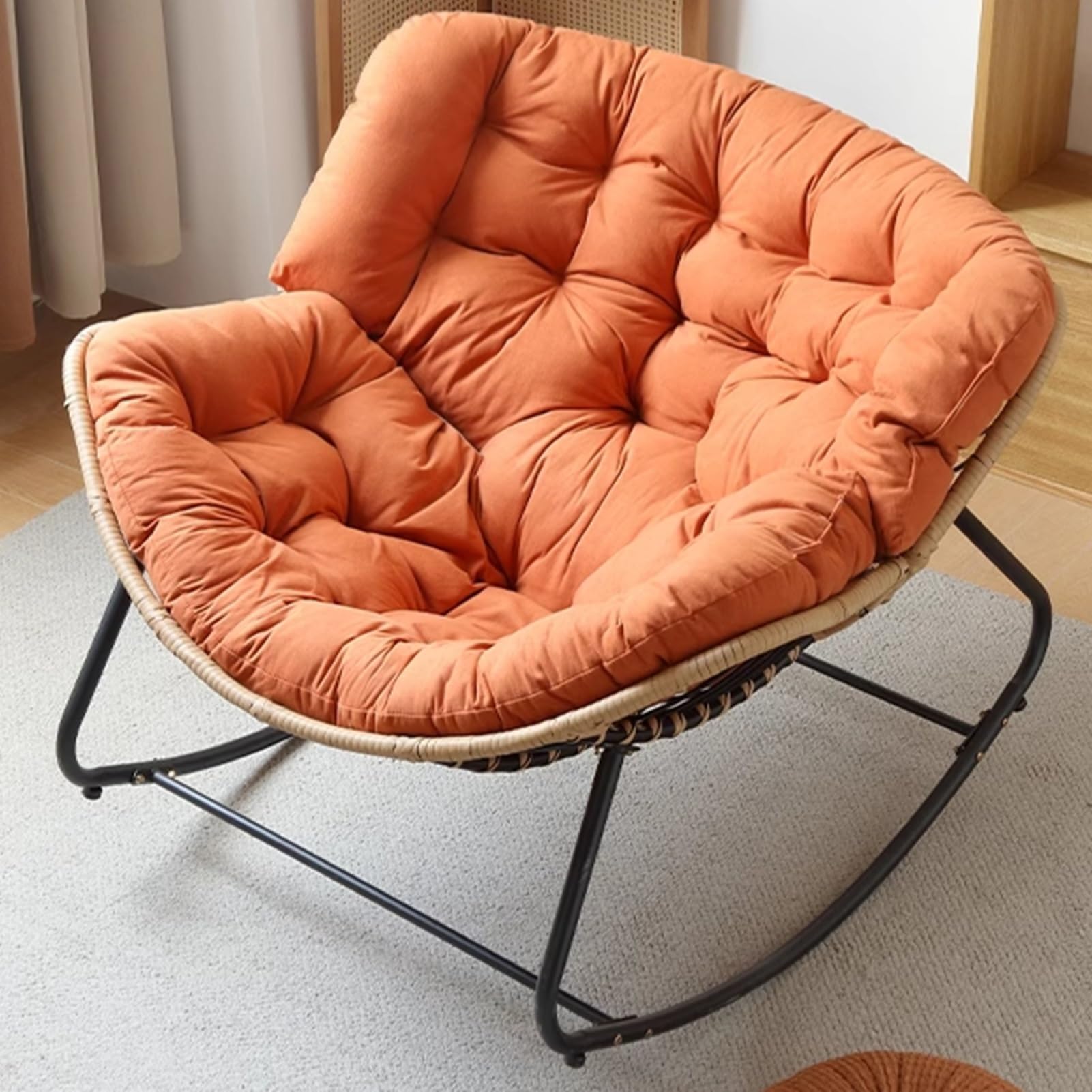 HARELA Outdoor Patio Rocking Chair, Indoor & Outdoor Rocking Chair, Rattan Rocker Padded Cushion Recliner, Modern Lounge Chair for Living Room Patio, Balcony, Front Porch, Garden (Color : Orange)
