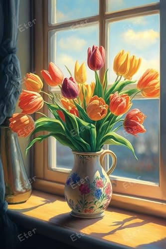 Eter Diamond Painting Kits,Window Sill Tulip Vase Diamond Painting Kits,5D Round Full Diamond Crystal Painting Gemstone Arts Kits,Wall Decor Room Decor Aesthetic Or Gifts for Women- 8x12 inch