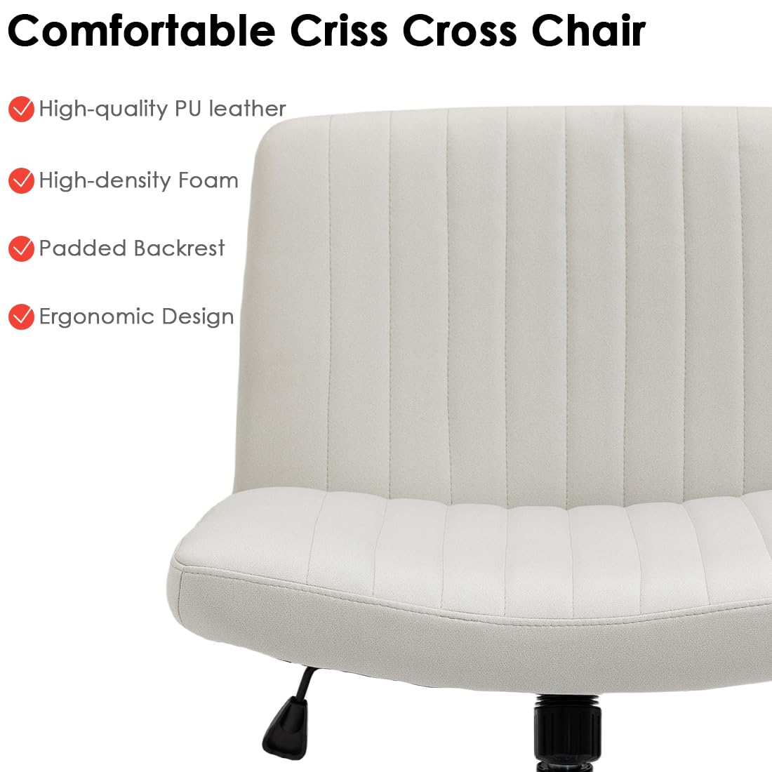 PEFEK Criss Cross Chair Armless Home Office Computer Chair No Wheels PU Leather Vanity Desk Task Chair Adjustable Swivel Ergonomic Living Room Chairs with Padded Backrest & Thickened Cushion (Beige)