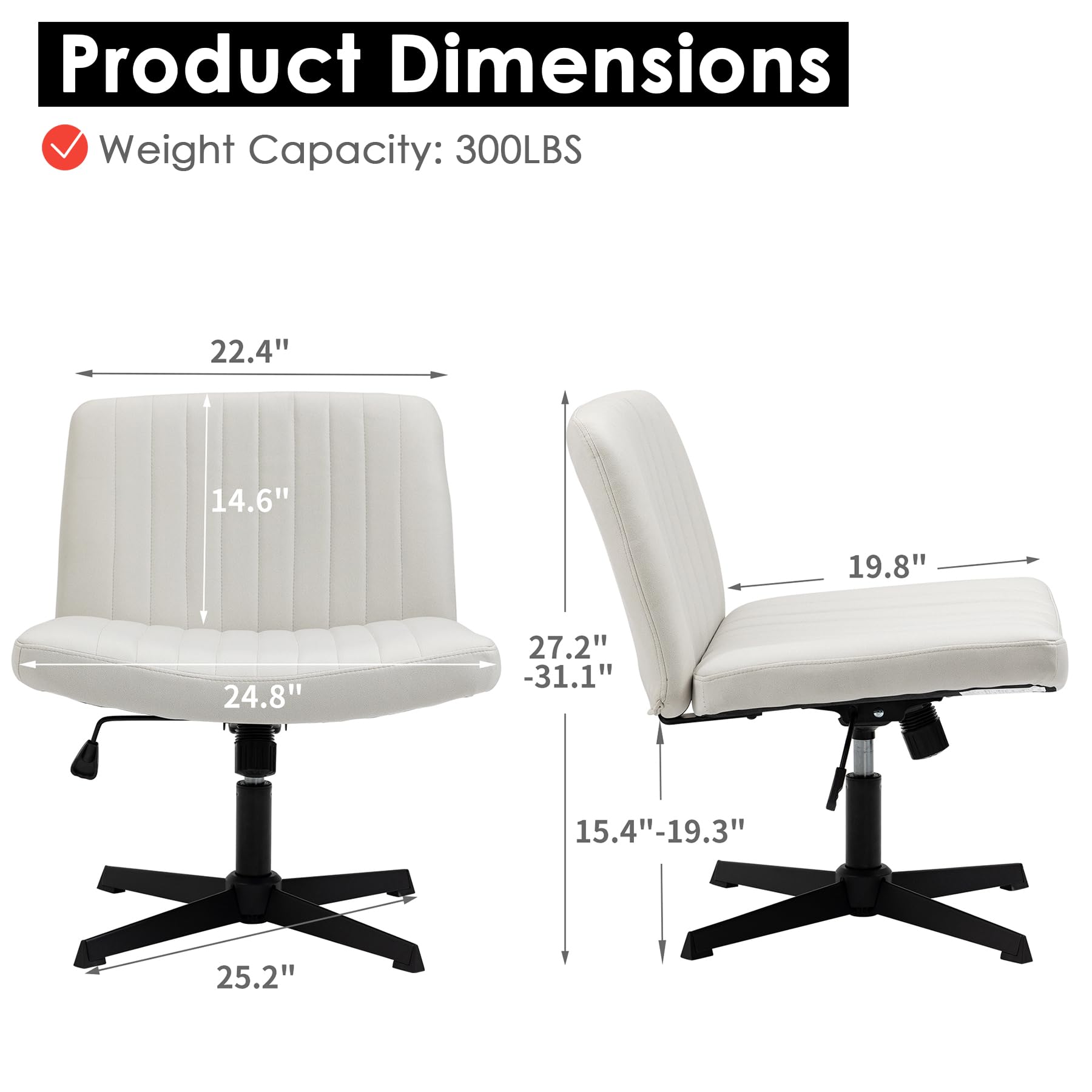 PEFEK Criss Cross Chair Armless Home Office Computer Chair No Wheels PU Leather Vanity Desk Task Chair Adjustable Swivel Ergonomic Living Room Chairs with Padded Backrest & Thickened Cushion (Beige)