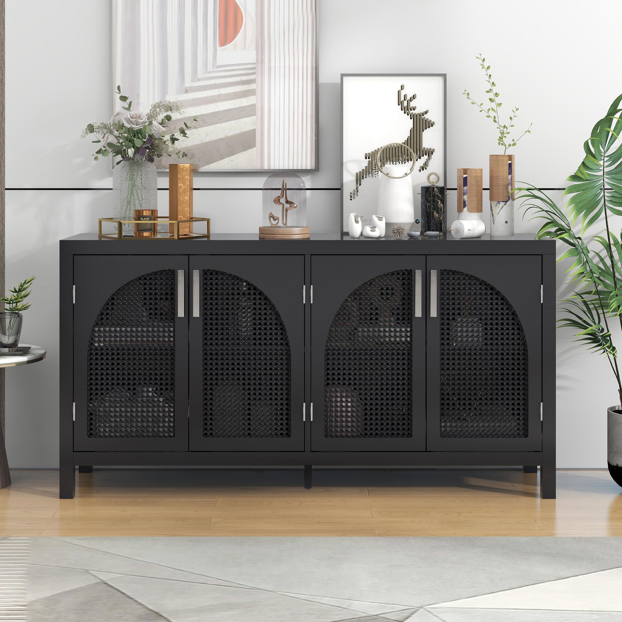 Bellemave Accent Storage Cabinet Buffet Cabinet Freestanding Storage Sideboard with Artificial Rattan Doors & Metal Handles, Entryway Cabinet for Living Room Office Bedroom, Kitchen (Black)
