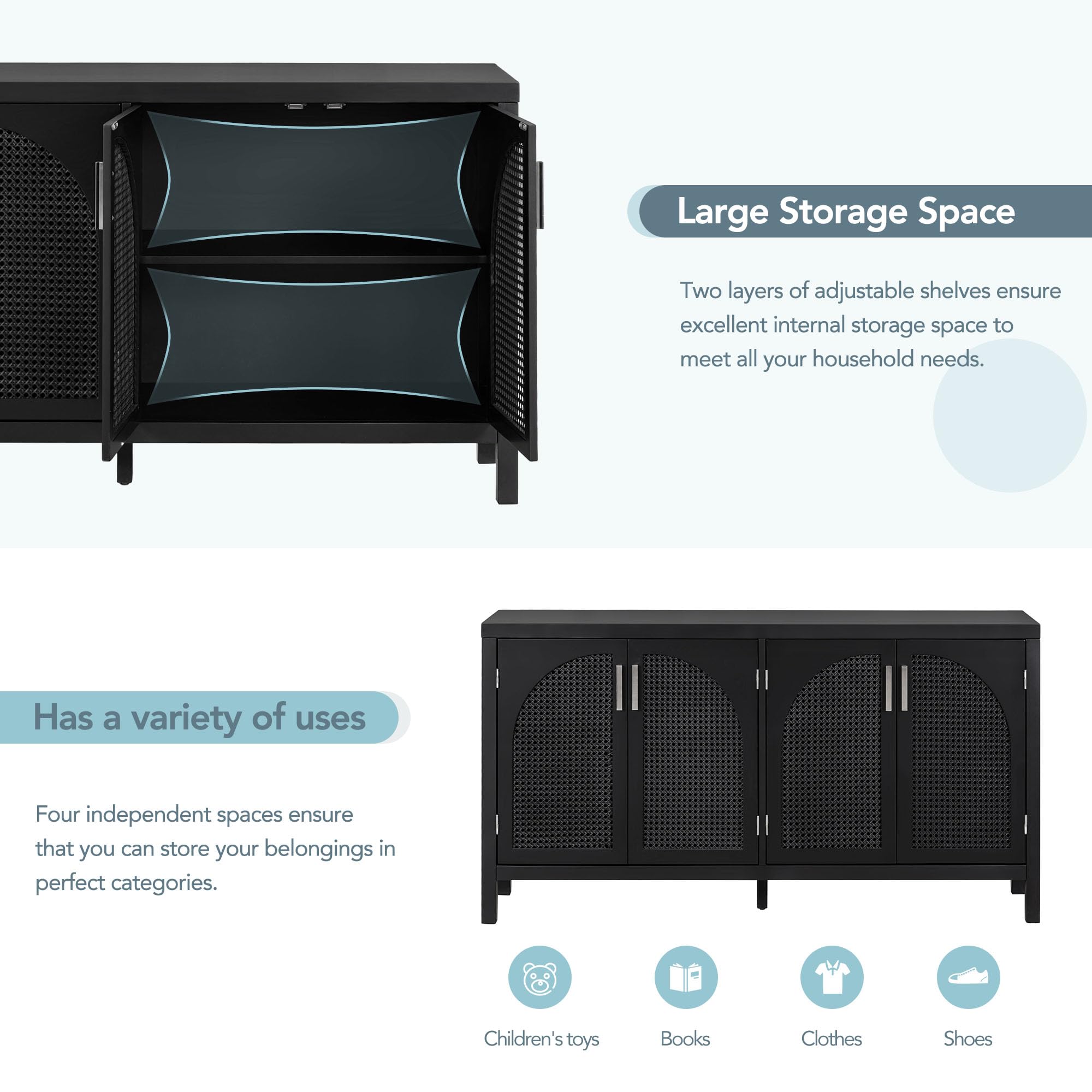 Bellemave Accent Storage Cabinet Buffet Cabinet Freestanding Storage Sideboard with Artificial Rattan Doors & Metal Handles, Entryway Cabinet for Living Room Office Bedroom, Kitchen (Black)