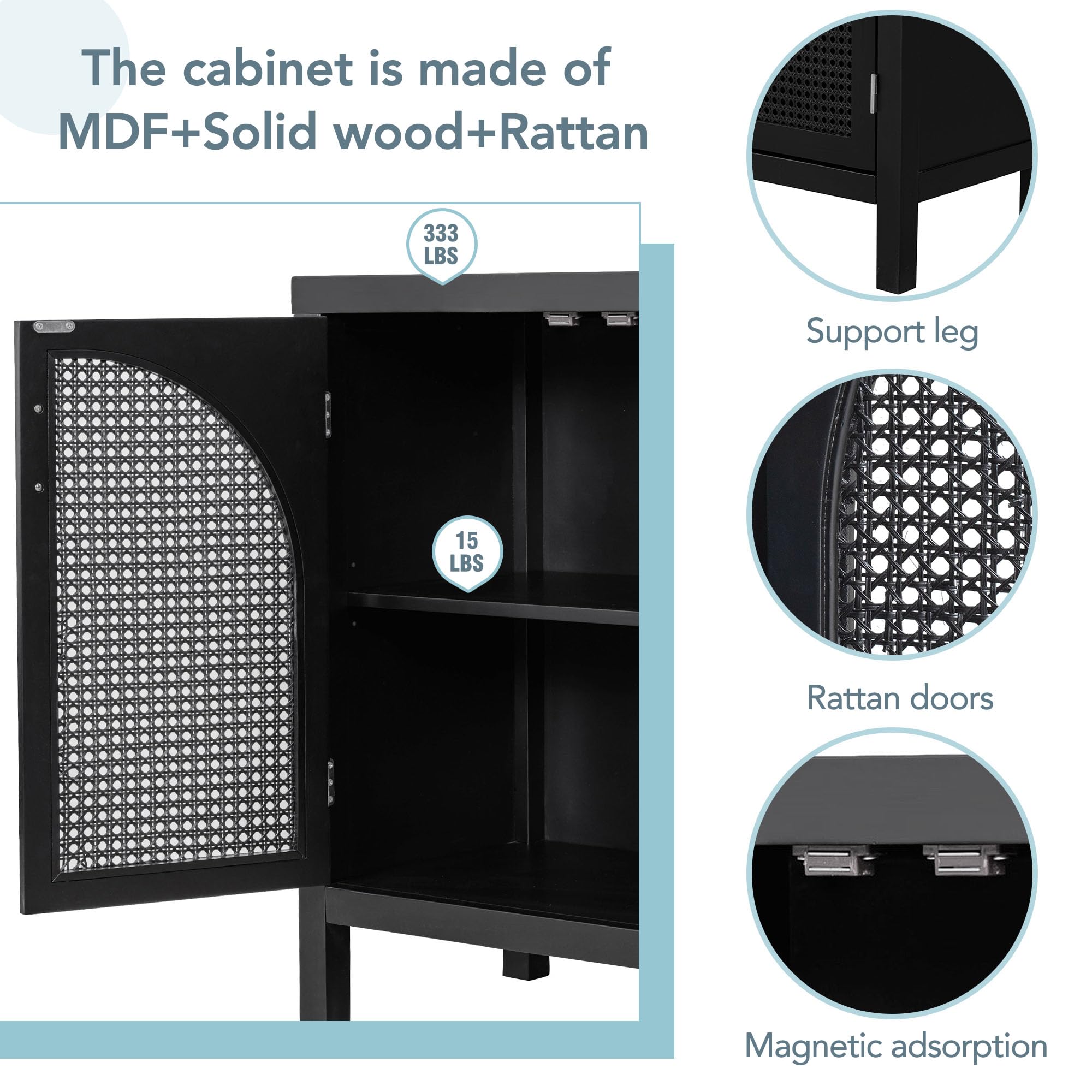 Bellemave Accent Storage Cabinet Buffet Cabinet Freestanding Storage Sideboard with Artificial Rattan Doors & Metal Handles, Entryway Cabinet for Living Room Office Bedroom, Kitchen (Black)