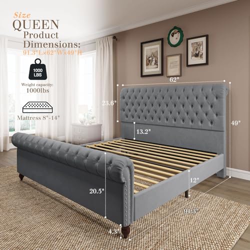 PaPaJet Bed Frame Queen Size with Headboard and Footboard, Velvet Upholstered Sleigh Bed, Deep Button Tufted, No Box Spring Needed, Grey