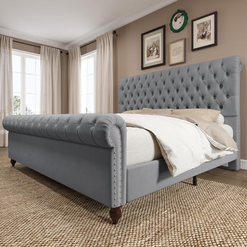 PaPaJet Bed Frame Queen Size with Headboard and Footboard, Velvet Upholstered Sleigh Bed, Deep Button Tufted, No Box Spring Needed, Grey