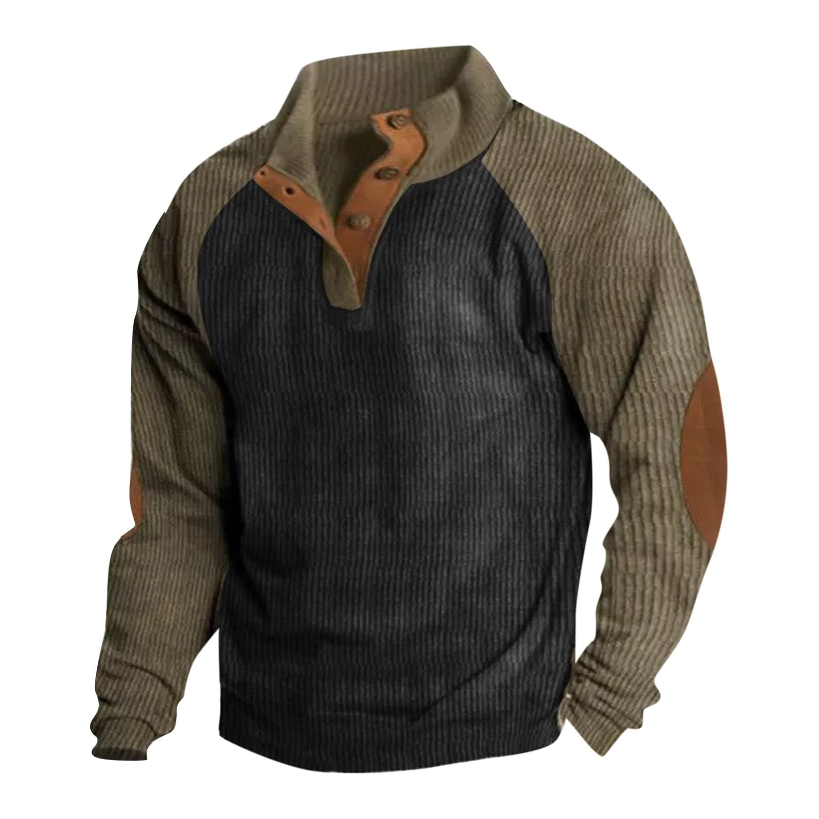 Henley Shirt for Men,Fall Lightweight Sweatshirt Vintage Solid Pullover Casual Sweater with Patched Elbow Blue Hoodie Drawstringts For Men Drawstringt,(B-Black,3XL)