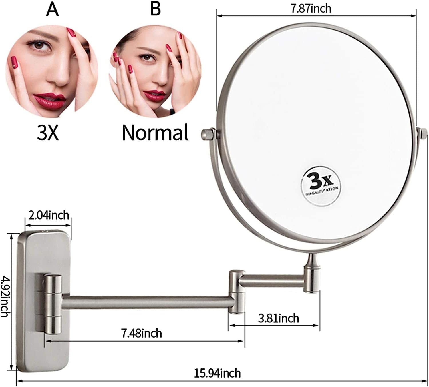 Ci Hua Bathroom MirrorWall, Wall Mounted Makeup Mirror, 8 inch Nickel Finish Rotatable Magnifying Shaving Mirror, Extendable Folding Cosmetic Bathroom Vanity Mirrors