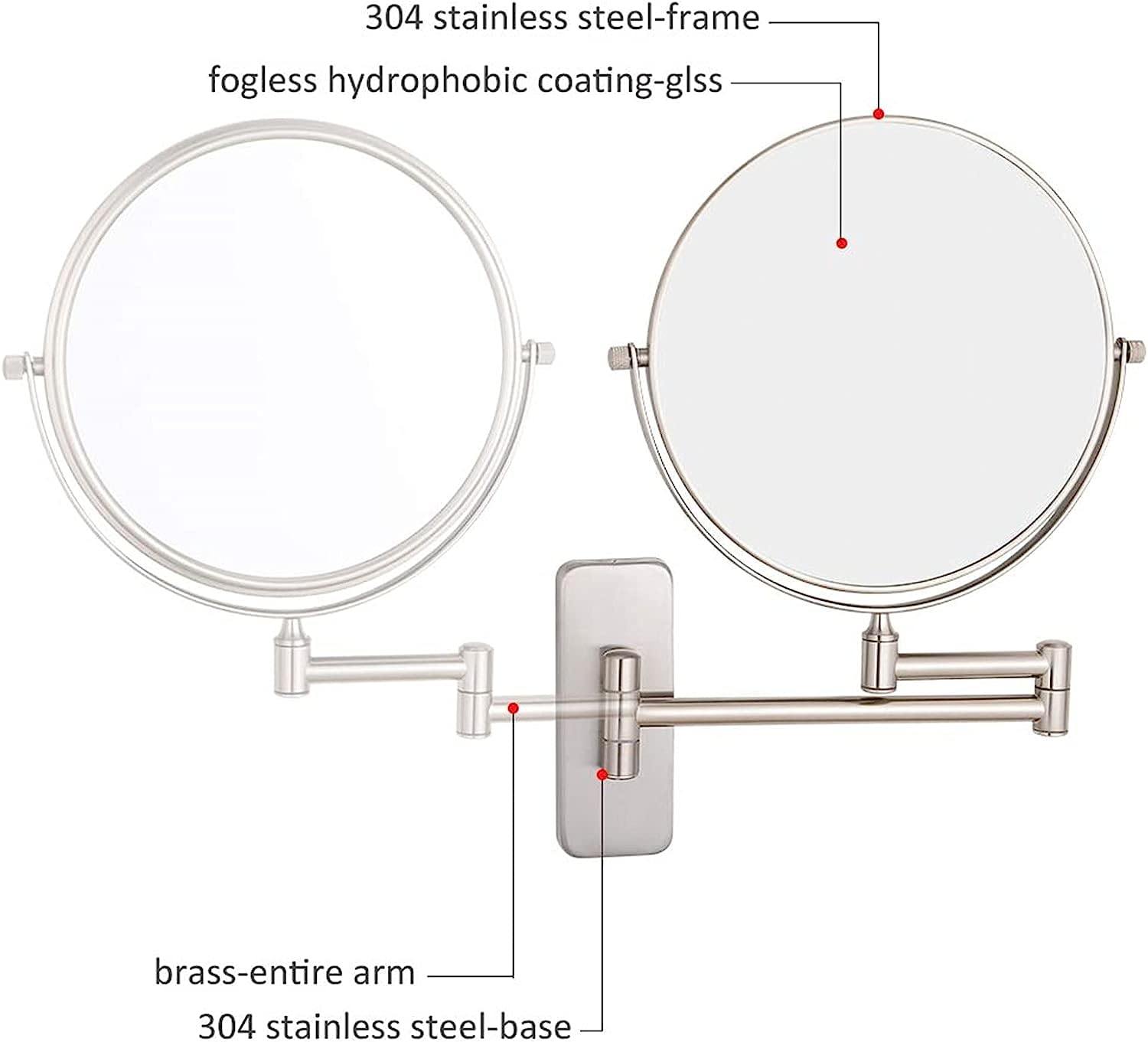 Ci Hua Bathroom MirrorWall, Wall Mounted Makeup Mirror, 8 inch Nickel Finish Rotatable Magnifying Shaving Mirror, Extendable Folding Cosmetic Bathroom Vanity Mirrors