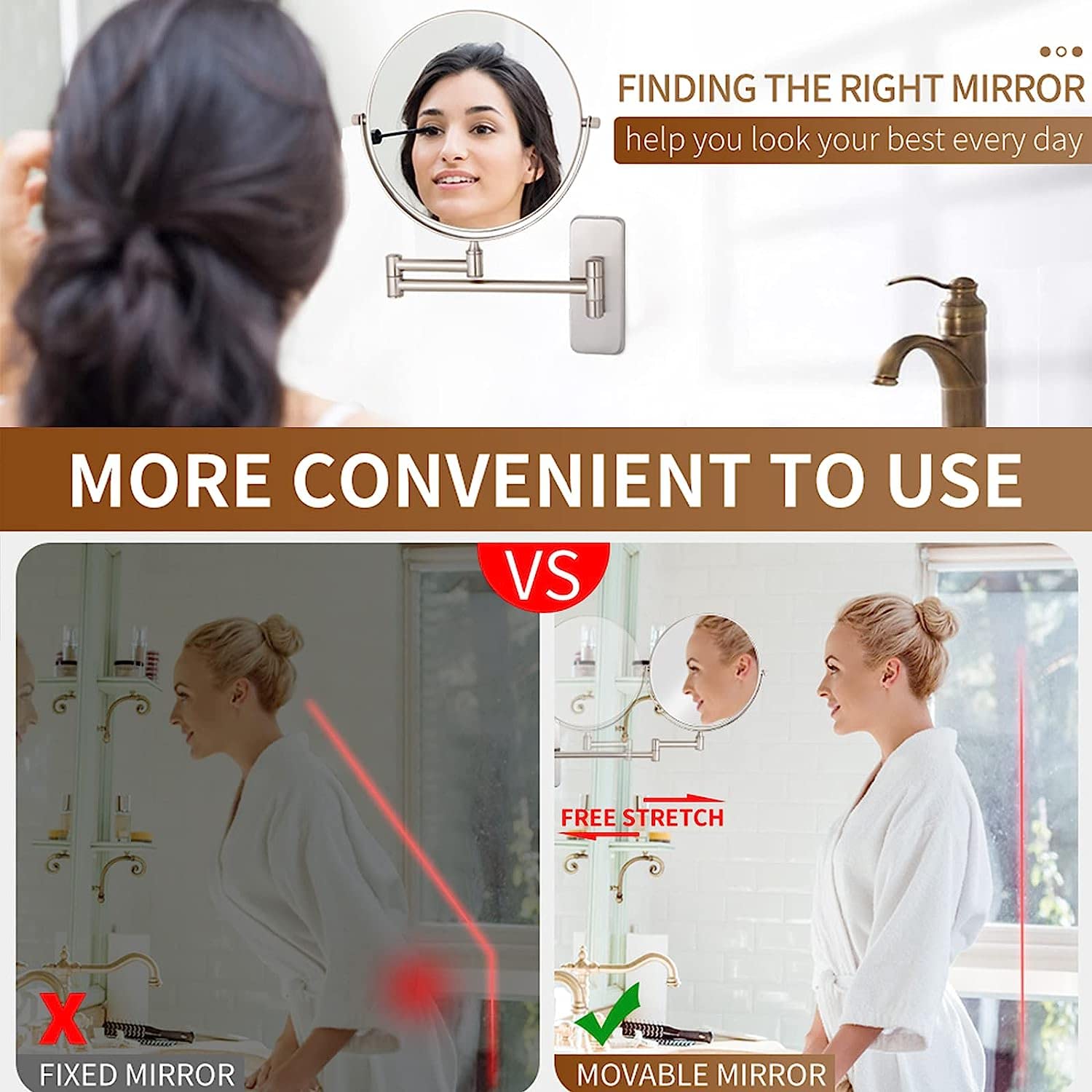 Ci Hua Bathroom MirrorWall, Wall Mounted Makeup Mirror, 8 inch Nickel Finish Rotatable Magnifying Shaving Mirror, Extendable Folding Cosmetic Bathroom Vanity Mirrors