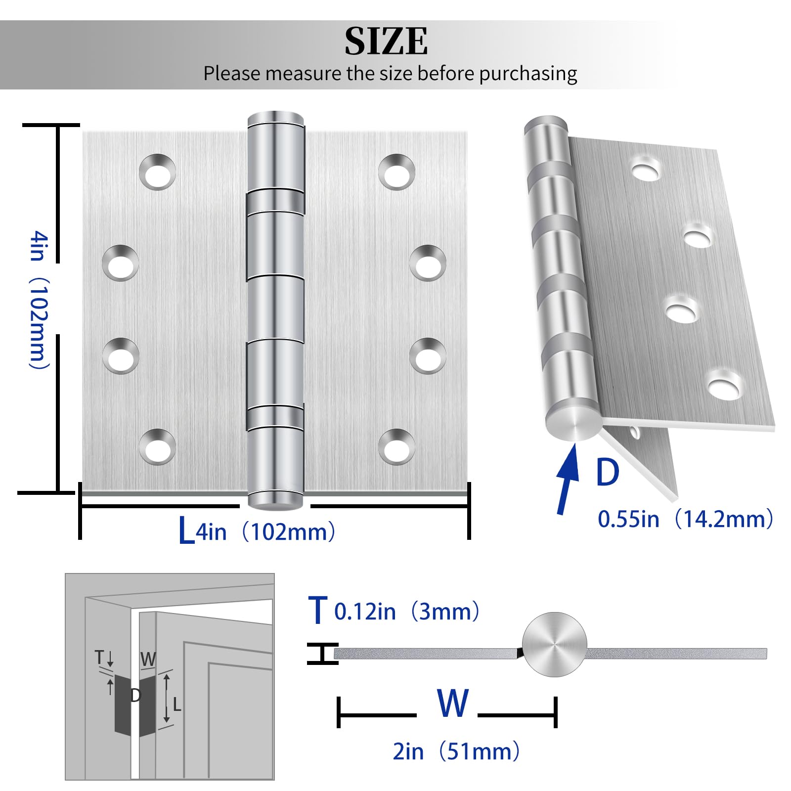 OTINUBEE 304 Stainless Steel Door Hinges 6 Pack, 4'' X 4''Heavy Duty Commercial Door Hinge with Silent Steel Plain Ball Bearing, Stainless Higne for Exterior & Interior Doors, Silver