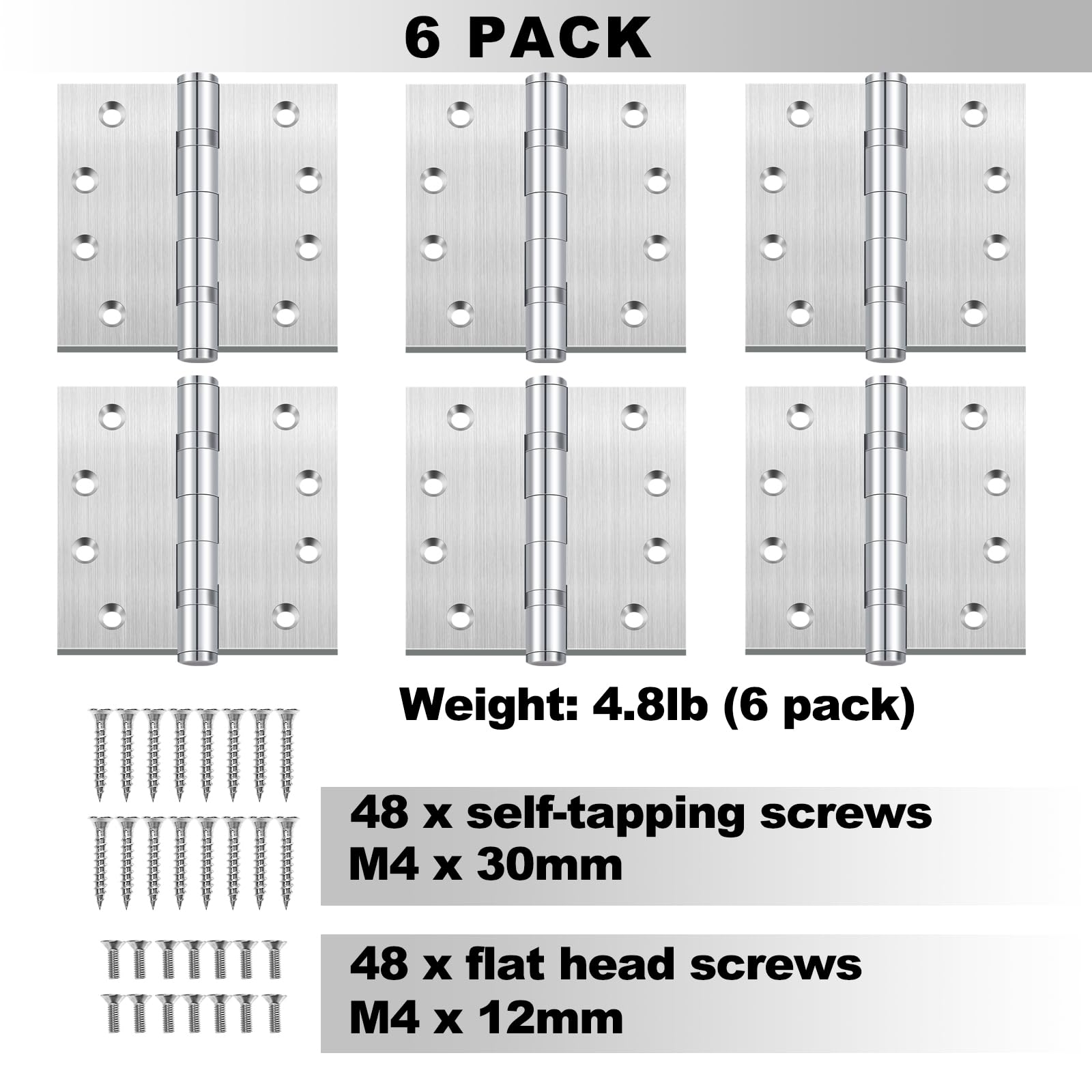 OTINUBEE 304 Stainless Steel Door Hinges 6 Pack, 4'' X 4''Heavy Duty Commercial Door Hinge with Silent Steel Plain Ball Bearing, Stainless Higne for Exterior & Interior Doors, Silver