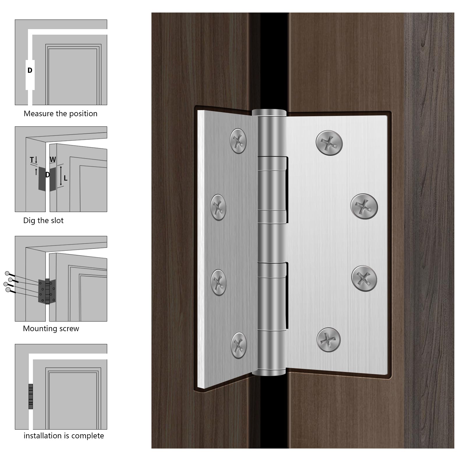 OTINUBEE 304 Stainless Steel Door Hinges 6 Pack, 4'' X 4''Heavy Duty Commercial Door Hinge with Silent Steel Plain Ball Bearing, Stainless Higne for Exterior & Interior Doors, Silver
