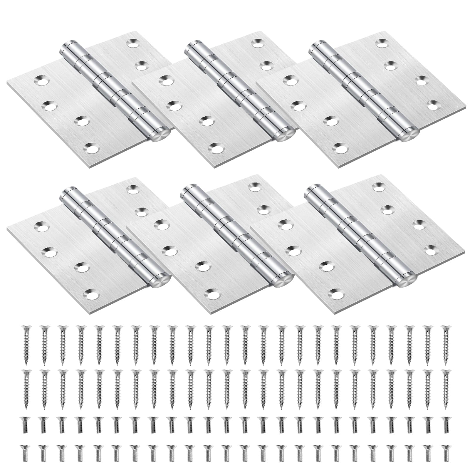 OTINUBEE 304 Stainless Steel Door Hinges 6 Pack, 4'' X 4''Heavy Duty Commercial Door Hinge with Silent Steel Plain Ball Bearing, Stainless Higne for Exterior & Interior Doors, Silver