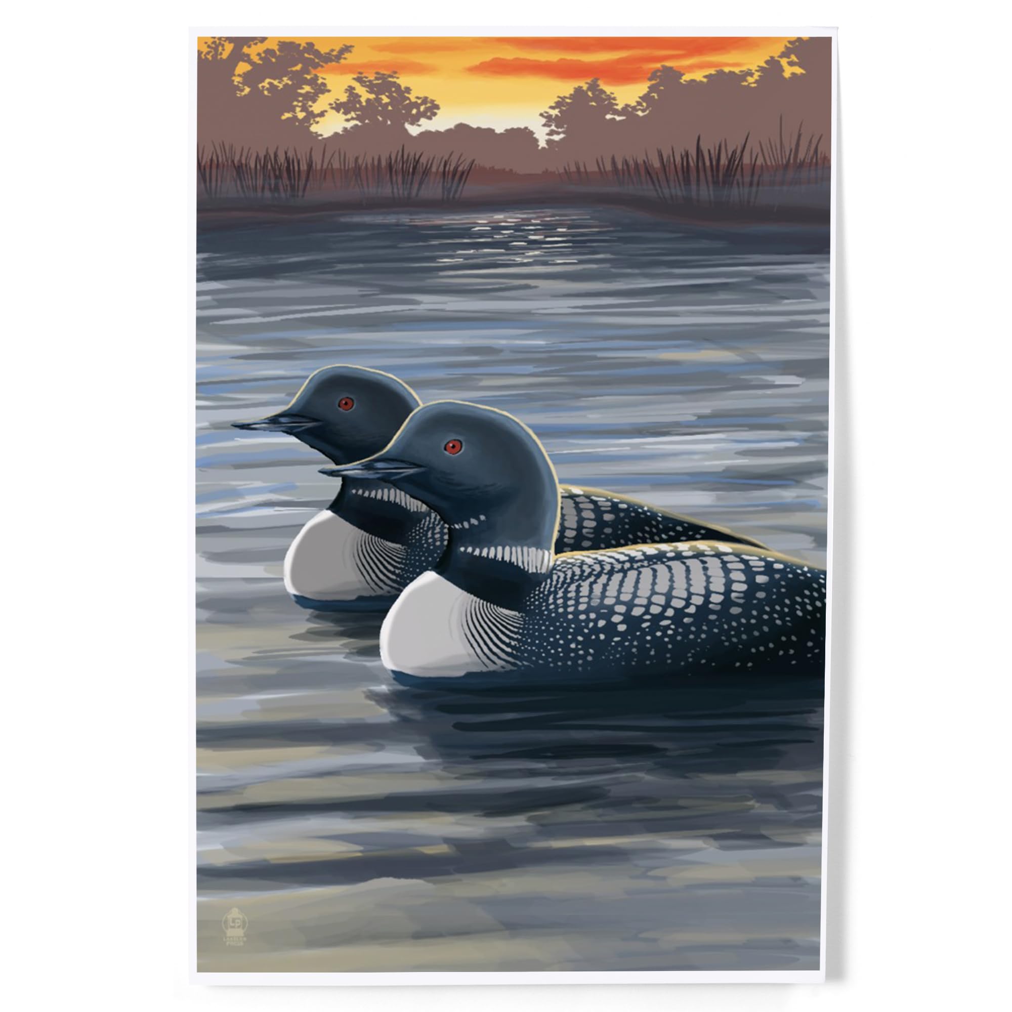 Lantern Press 8x12 Inch Art Print Wall Decor, Loons and Lake at Sunset