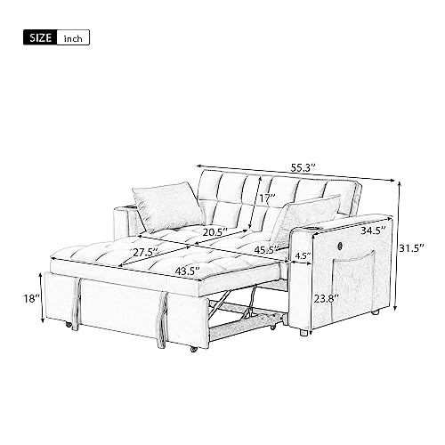 3 in 1 Upholstered Futon Sofa Convertible Twin Sofabed ,Foldable Tufted Loveseat with Pull Out Sleeper Couch Bed, Space Saving Love Seat Daybed W/Side Pockets ,USB Ports & Cupholders for Living Room