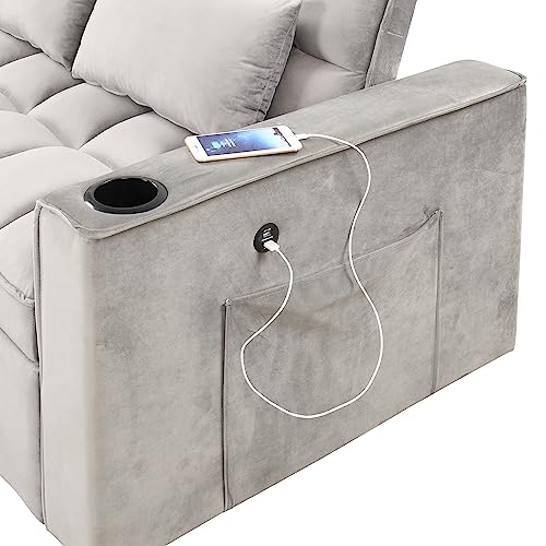 3 in 1 Upholstered Futon Sofa Convertible Twin Sofabed ,Foldable Tufted Loveseat with Pull Out Sleeper Couch Bed, Space Saving Love Seat Daybed W/Side Pockets ,USB Ports & Cupholders for Living Room