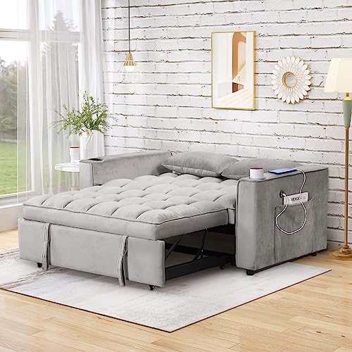 3 in 1 Upholstered Futon Sofa Convertible Twin Sofabed ,Foldable Tufted Loveseat with Pull Out Sleeper Couch Bed, Space Saving Love Seat Daybed W/Side Pockets ,USB Ports & Cupholders for Living Room