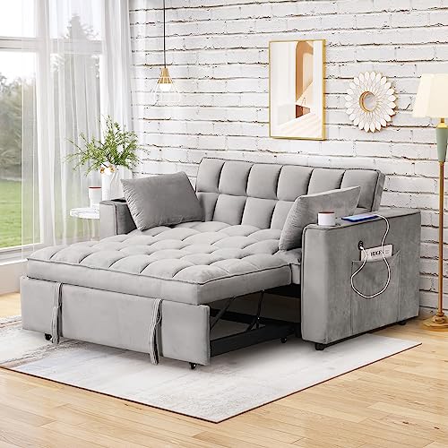 3 in 1 Upholstered Futon Sofa Convertible Twin Sofabed ,Foldable Tufted Loveseat with Pull Out Sleeper Couch Bed, Space Saving Love Seat Daybed W/Side Pockets ,USB Ports & Cupholders for Living Room