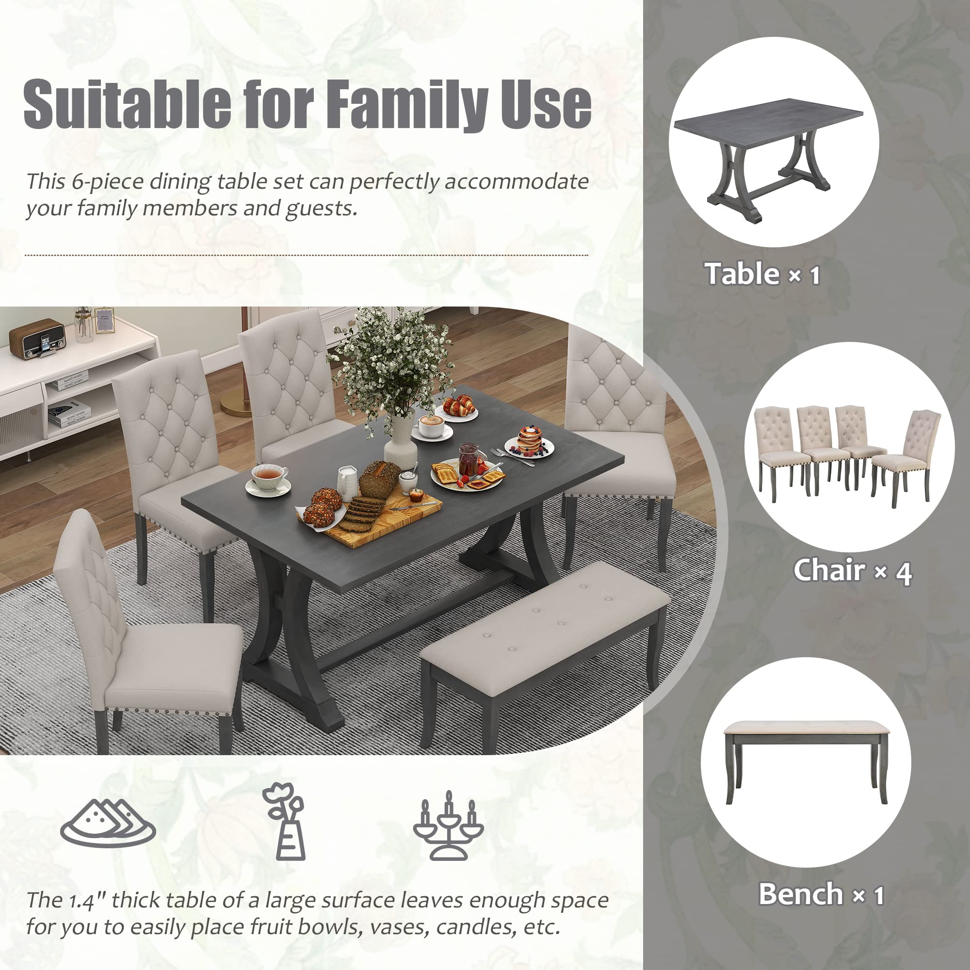 RUNWON Farmhouse Solid Wood 6-Piece Dining Set with Rectangular Trestle Table and 4 Upholstered Chairs & Bench, Gray