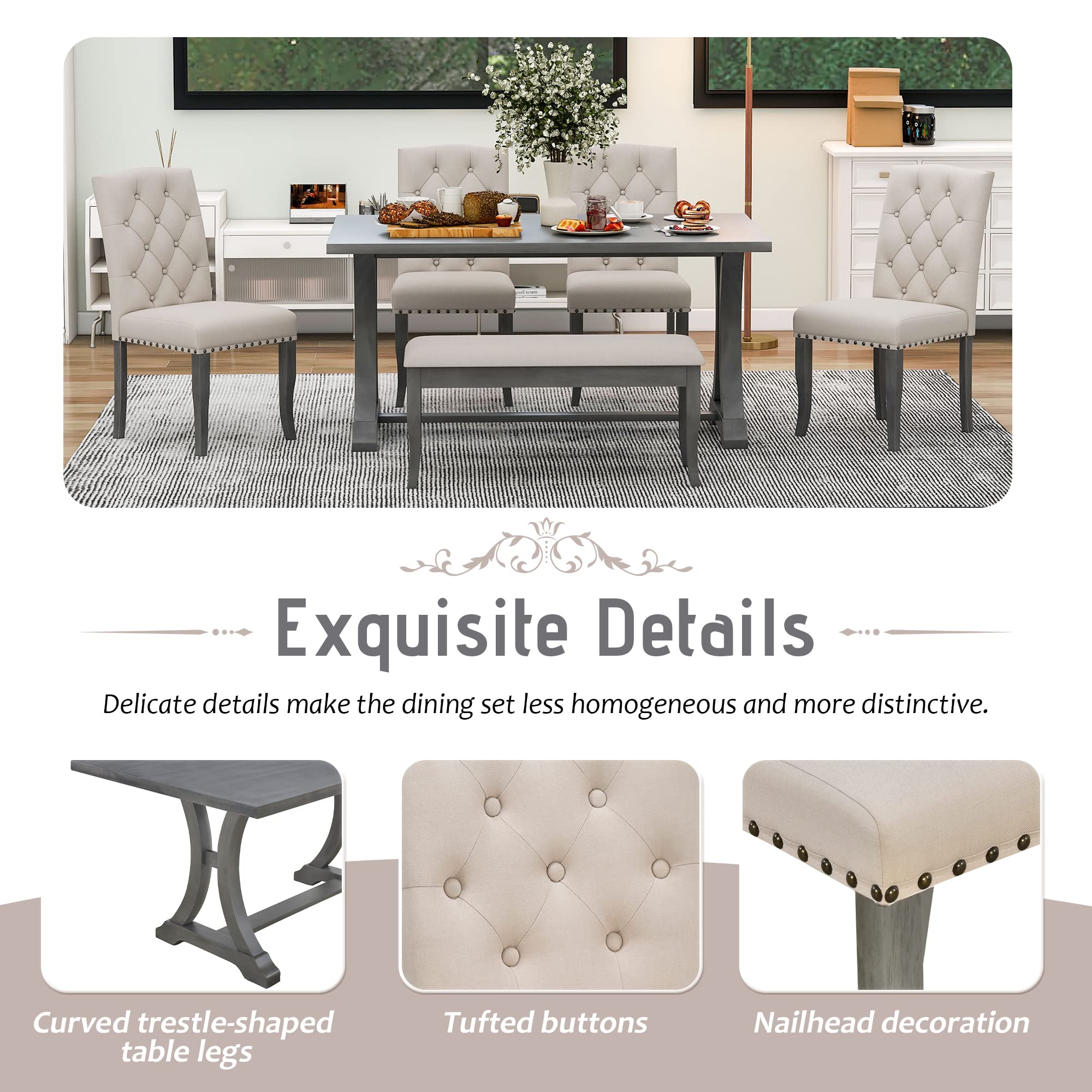 RUNWON Farmhouse Solid Wood 6-Piece Dining Set with Rectangular Trestle Table and 4 Upholstered Chairs & Bench, Gray
