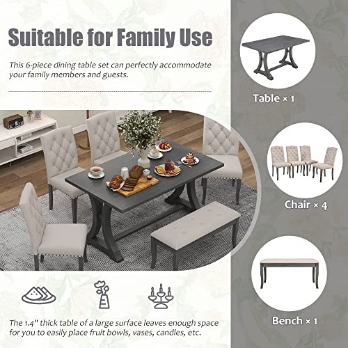 RUNWON Farmhouse Solid Wood 6-Piece Dining Set with Rectangular Trestle Table and 4 Upholstered Chairs & Bench, Gray