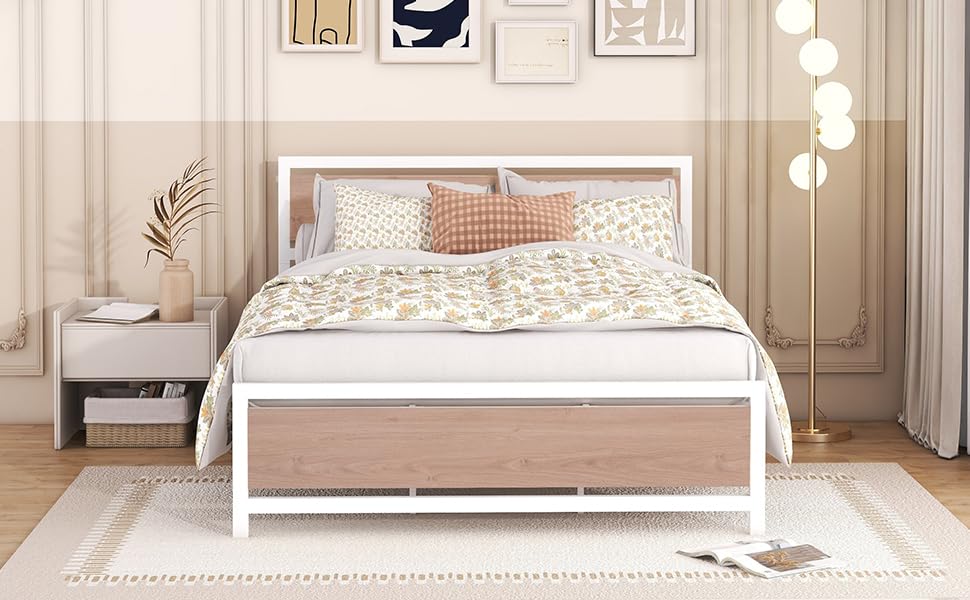 HABUHOME Queen Size Platform Bed, Metal and Wood Bed Frame with Headboard and Footboard, White