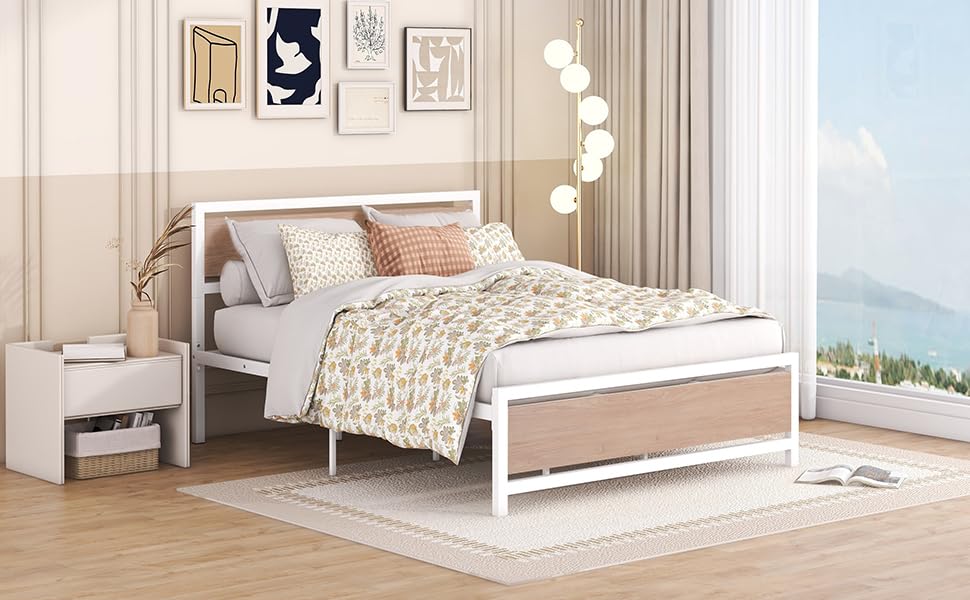 HABUHOME Queen Size Platform Bed, Metal and Wood Bed Frame with Headboard and Footboard, White