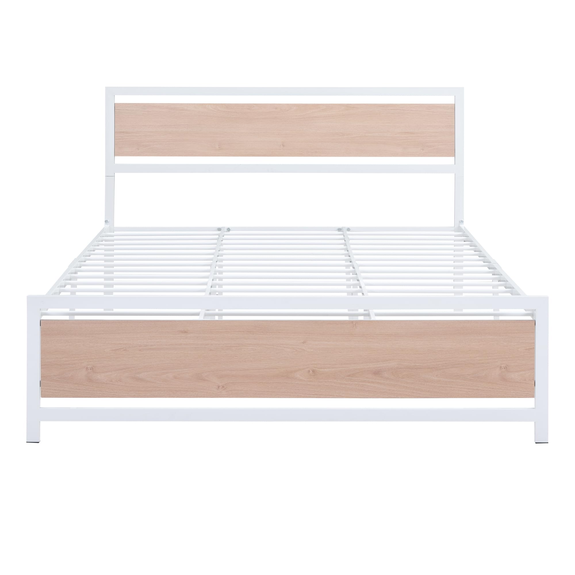 HABUHOME Queen Size Platform Bed, Metal and Wood Bed Frame with Headboard and Footboard, White