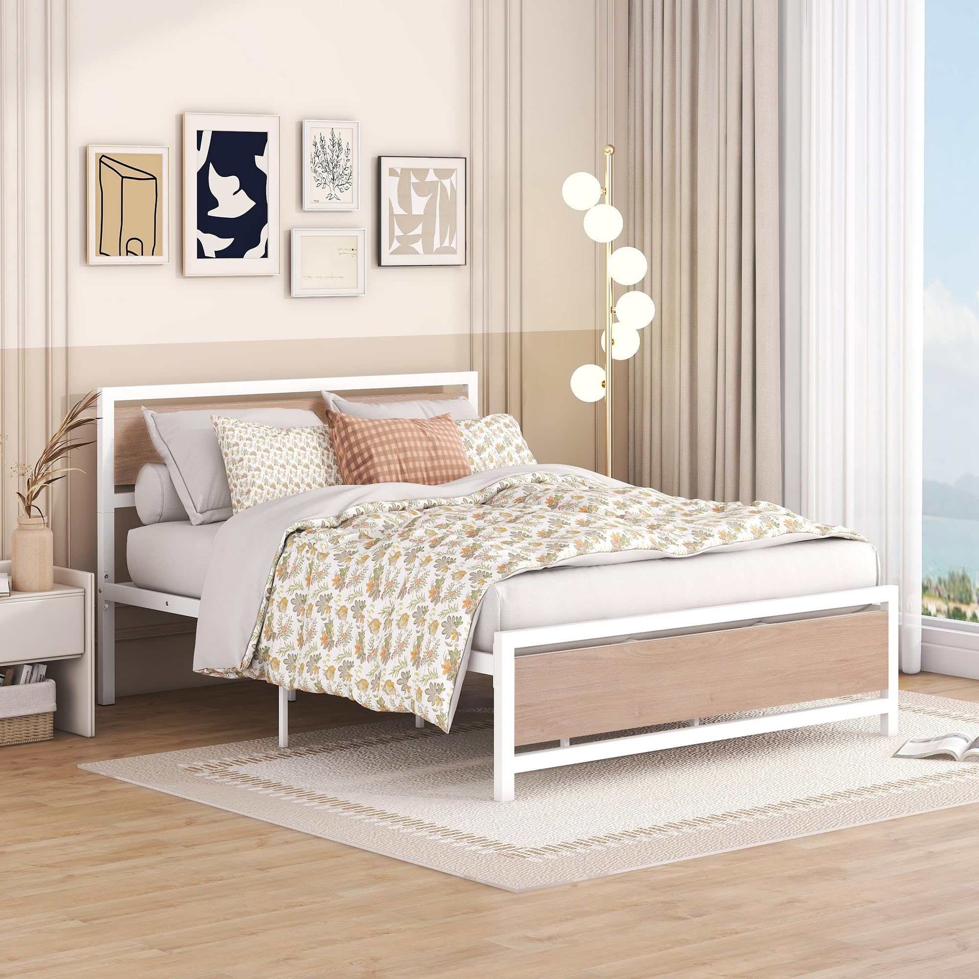 HABUHOME Queen Size Platform Bed, Metal and Wood Bed Frame with Headboard and Footboard, White