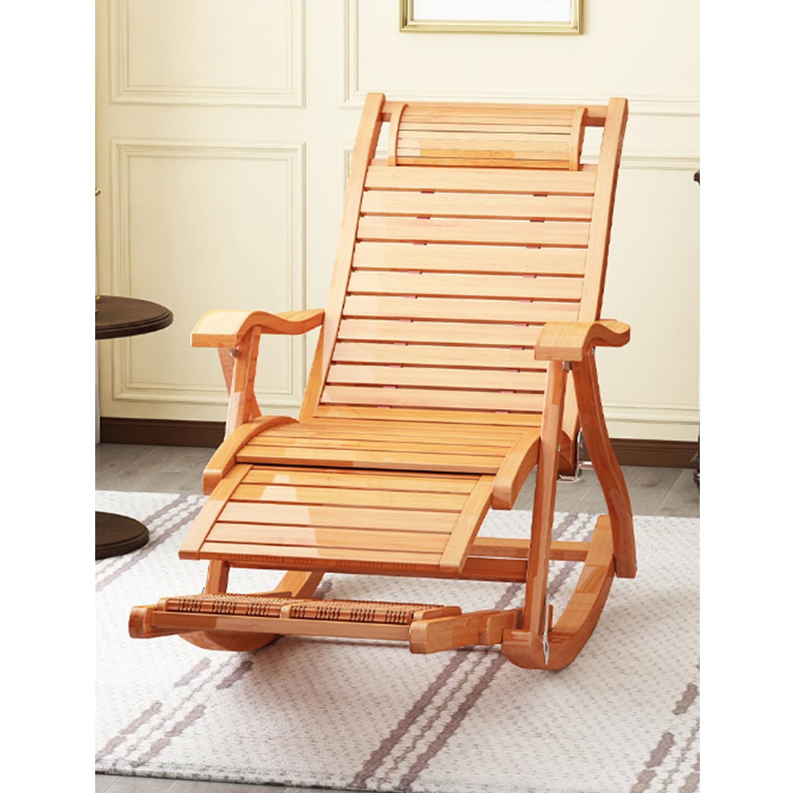 Outdoor Rocking Chair,Foldable Recliner,Bamboo Lounge Chair,Foldable Rocking Chair,Garden Deck Chairs for Elderly,Garden Chair,with Headrest Pillow and Foot Massage Board(Grey)