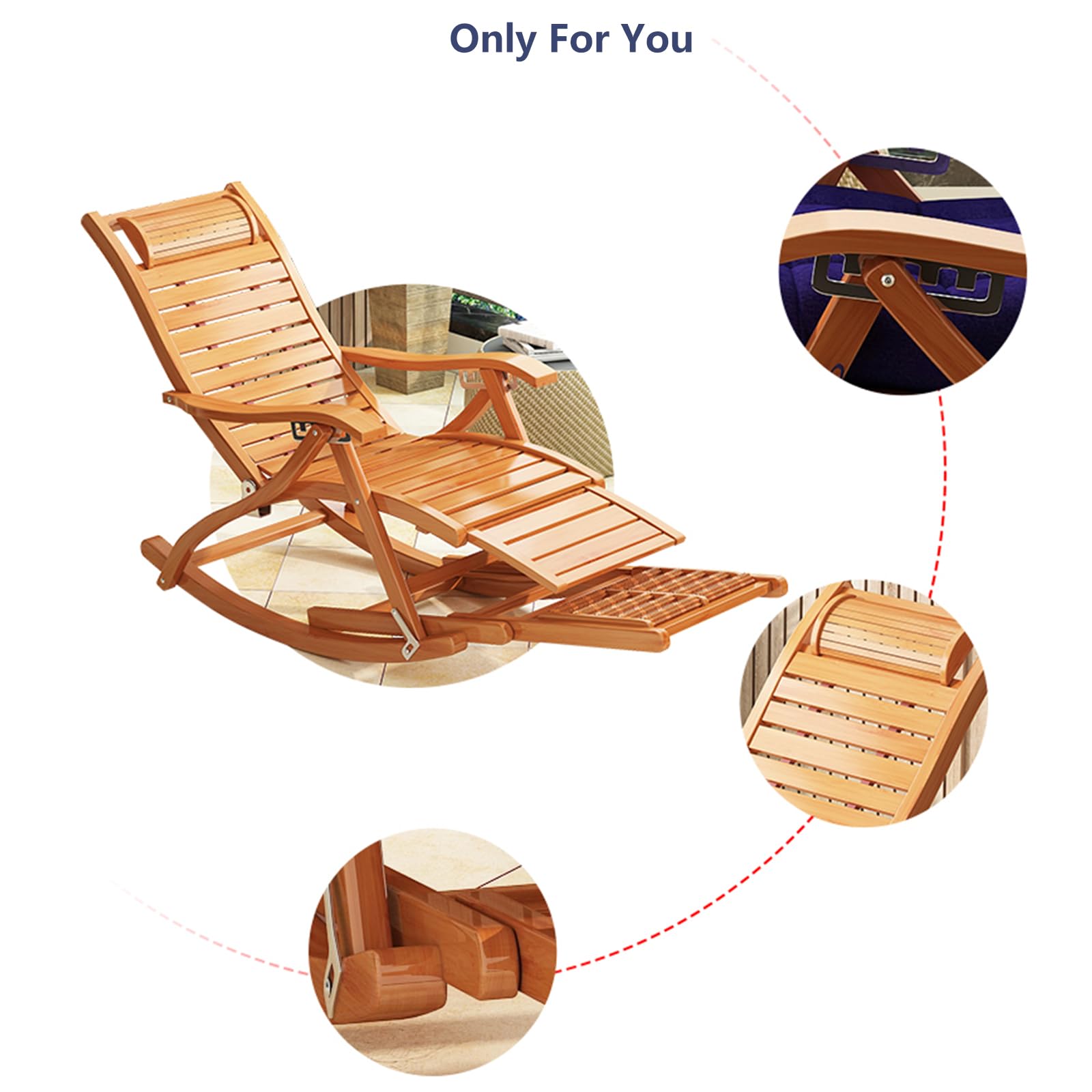 Outdoor Rocking Chair,Foldable Recliner,Bamboo Lounge Chair,Foldable Rocking Chair,Garden Deck Chairs for Elderly,Garden Chair,with Headrest Pillow and Foot Massage Board(Grey)