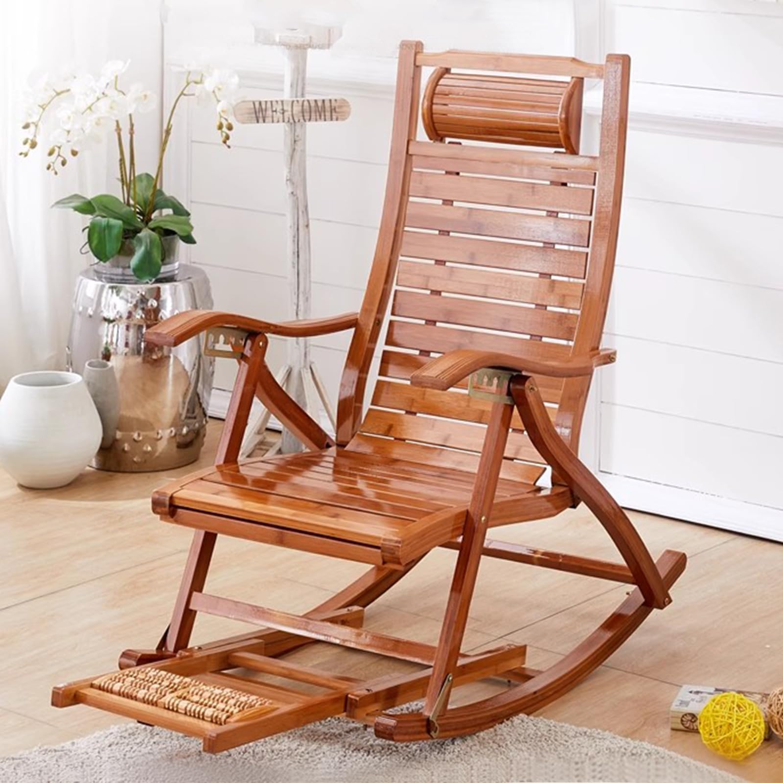 Bamboo Lounge Chair,Foldable Rocking Chair,Garden Deck Chairs for Elderly,Foldable Recliner,Outdoor Rocking Chair,Garden Chair,with Headrest Pillow and Foot Massage Board