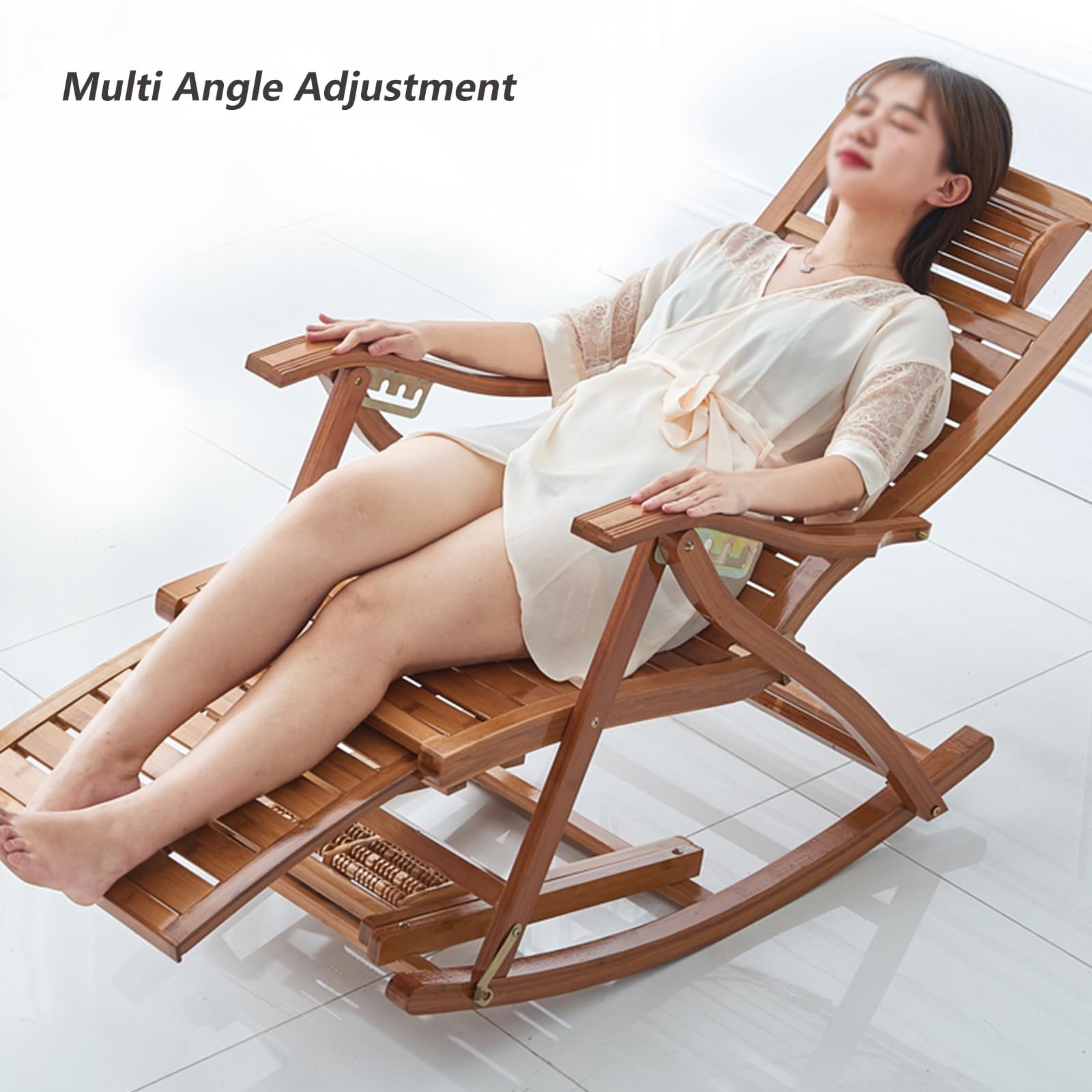 Bamboo Lounge Chair,Foldable Rocking Chair,Garden Deck Chairs for Elderly,Foldable Recliner,Outdoor Rocking Chair,Garden Chair,with Headrest Pillow and Foot Massage Board