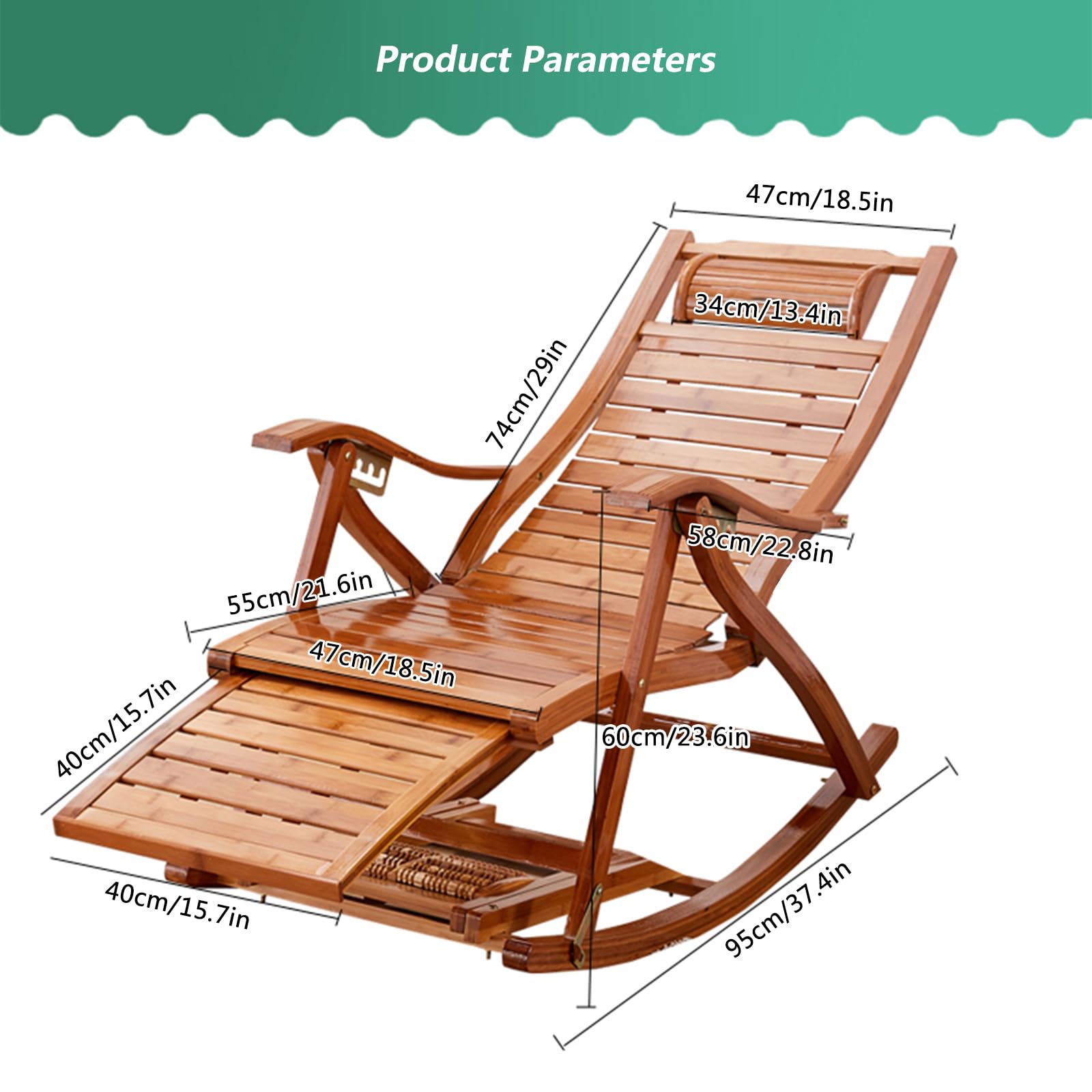 Bamboo Lounge Chair,Foldable Rocking Chair,Garden Deck Chairs for Elderly,Foldable Recliner,Outdoor Rocking Chair,Garden Chair,with Headrest Pillow and Foot Massage Board