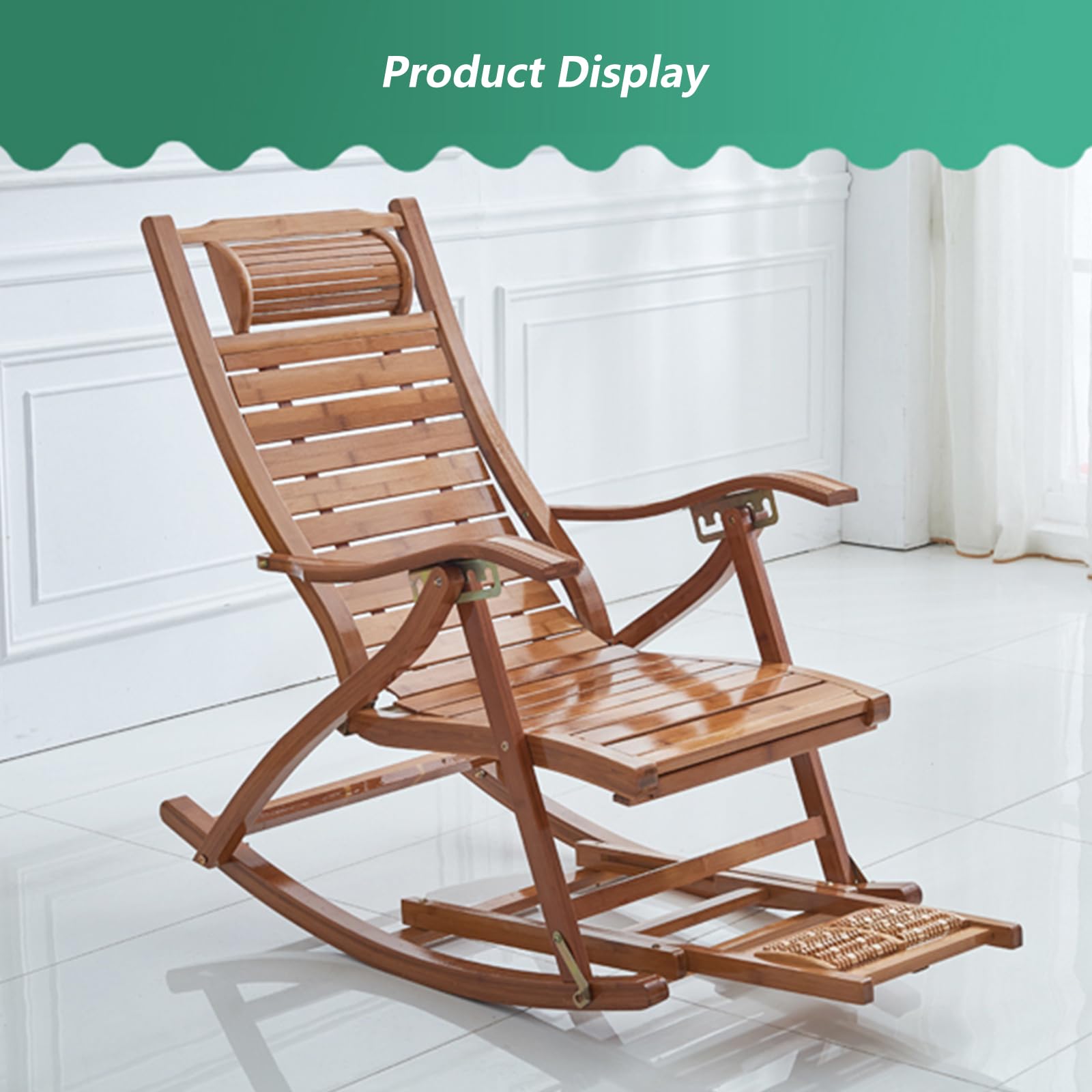 Bamboo Lounge Chair,Foldable Rocking Chair,Garden Deck Chairs for Elderly,Foldable Recliner,Outdoor Rocking Chair,Garden Chair,with Headrest Pillow and Foot Massage Board