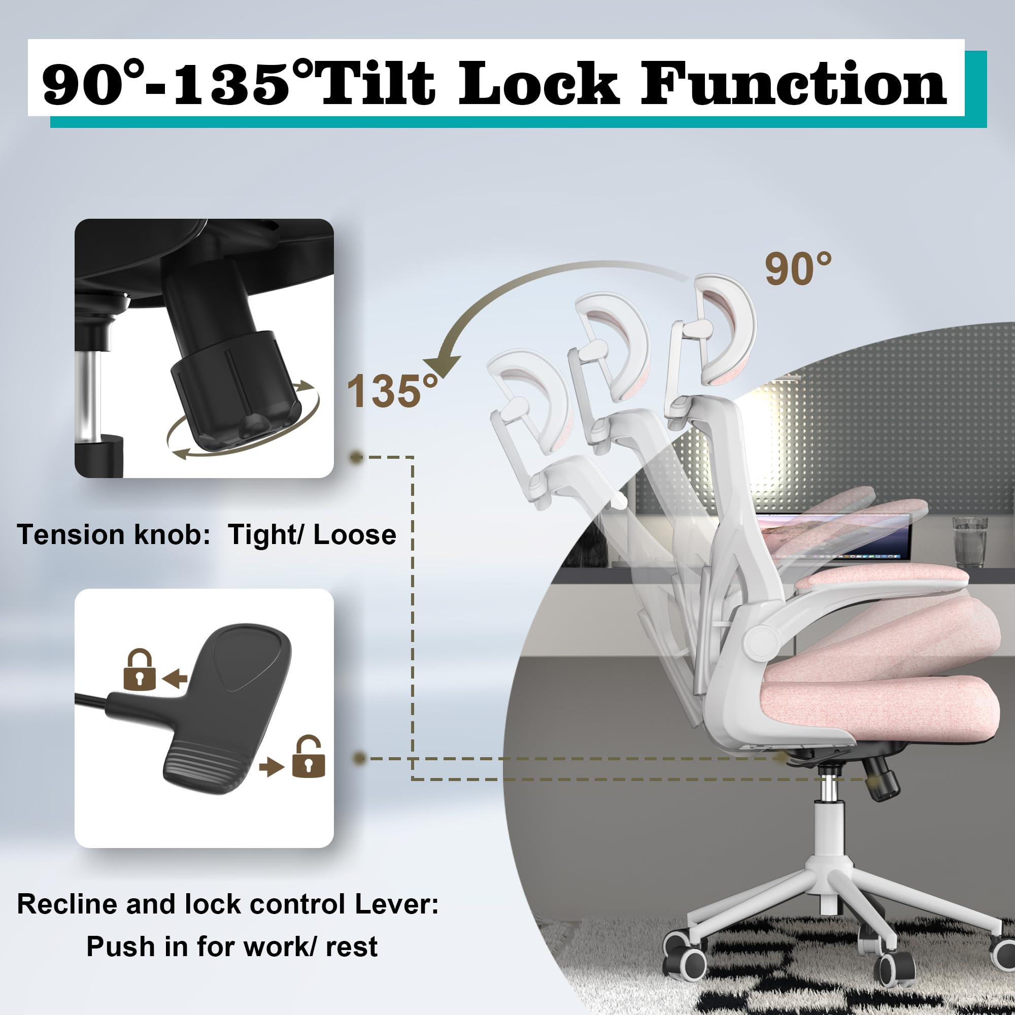 Ergonomic Office Chair, High Back Mesh Desk Chair with Molded Foam Cushion, Adjustable Headrest, Lumbar Support, Lock Function (Petal Pink)