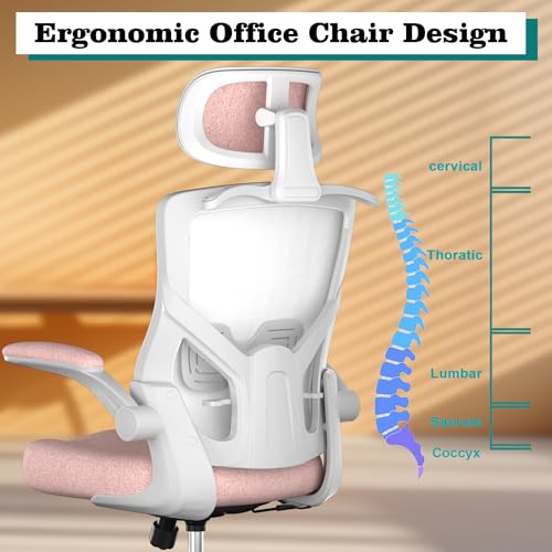 Ergonomic Office Chair, High Back Mesh Desk Chair with Molded Foam Cushion, Adjustable Headrest, Lumbar Support, Lock Function (Petal Pink)