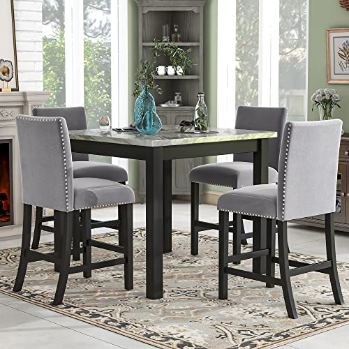 ERYE 5 Pieces Counter Height Set with Faux Marble Table and 4 Velvet Upholstered Seater Chairs with Nailhead Decor for Home Kitchen & Dining Room Furniture Breakfast, Lunch & Dinner, Blue, Gray