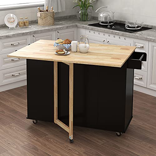 LostCat 43" Drop Leaf Kitchen Island Cart with 3 Drawers, Wood Table Top, Storage, Spice & Towel Rack for Dining Room, Living Room, Black