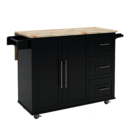 LostCat 43" Drop Leaf Kitchen Island Cart with 3 Drawers, Wood Table Top, Storage, Spice & Towel Rack for Dining Room, Living Room, Black