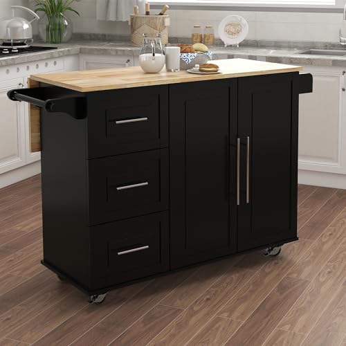 LostCat 43" Drop Leaf Kitchen Island Cart with 3 Drawers, Wood Table Top, Storage, Spice & Towel Rack for Dining Room, Living Room, Black