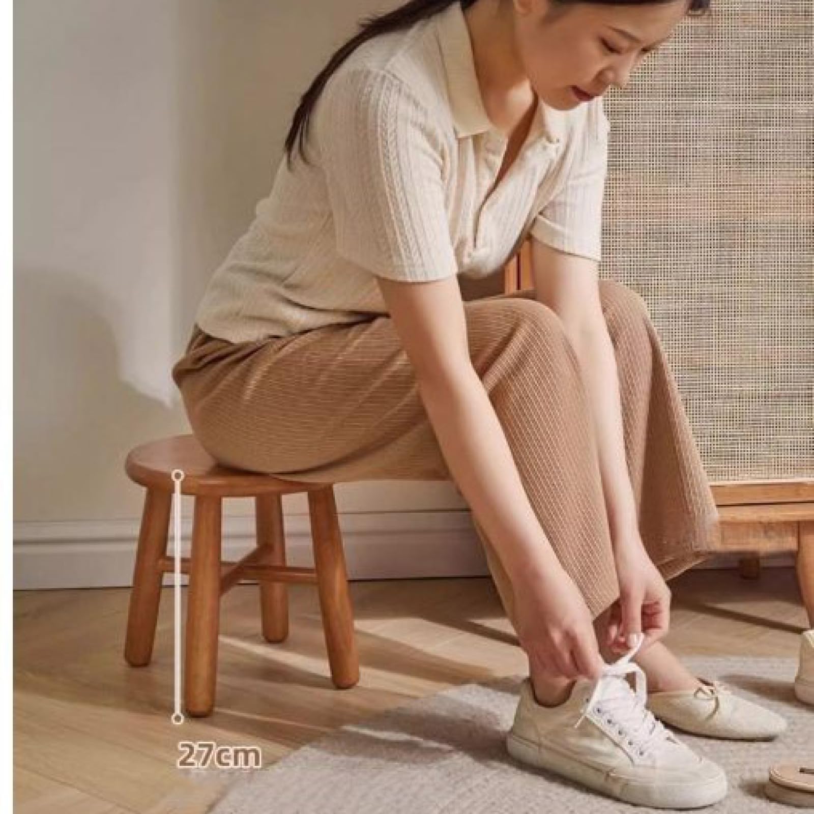 ACICS Round Step Stool Milking Stool Handcrafted Rubber Wood Stool Wooden Stool Small Short Stool, Shoe Changing Stool Shower Stool Suitable for Living Room Sofa Footstool(27 * 27 * 27CM, A)